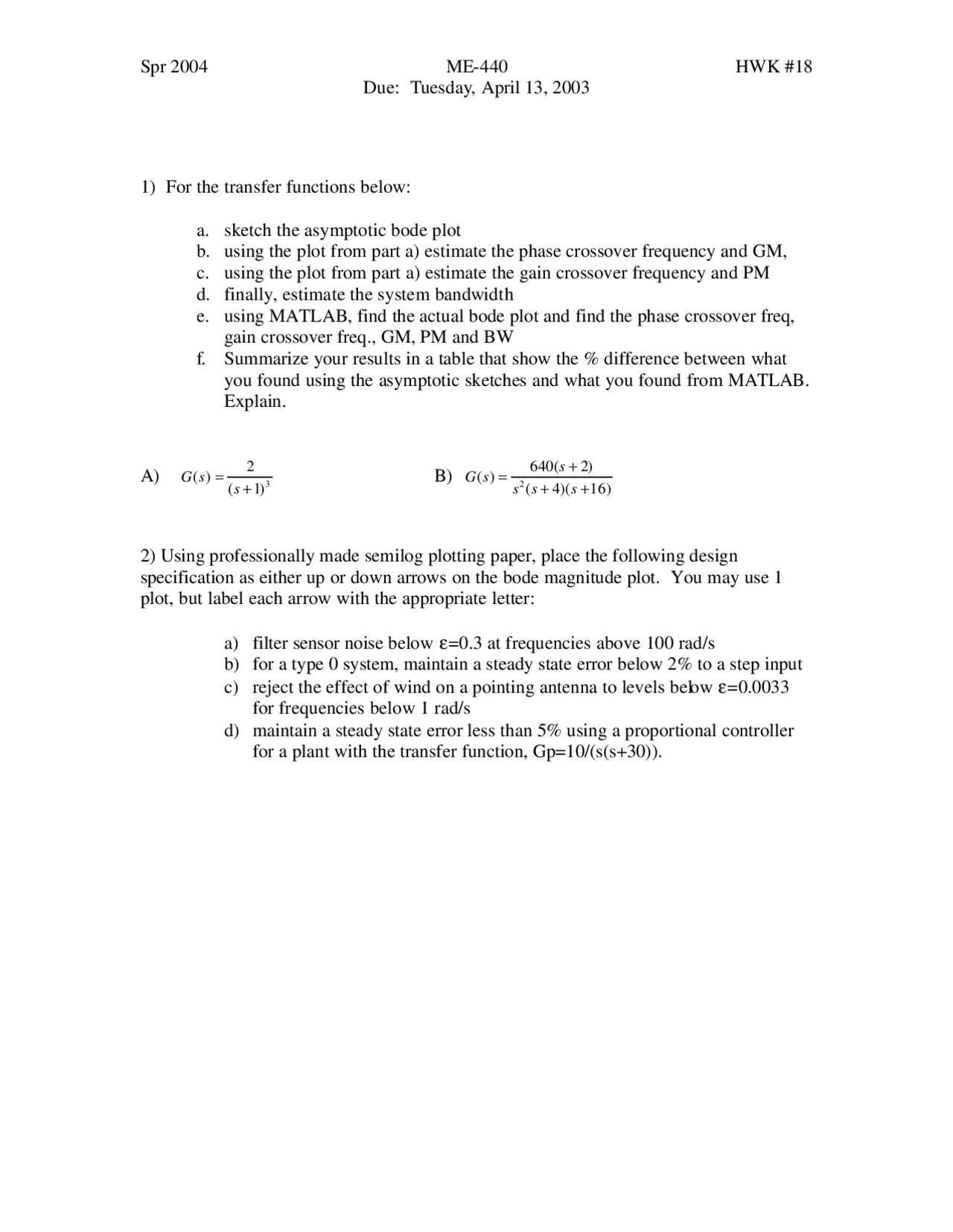 Design Control Systems Assignment 18 Questions Me 440 Docsity