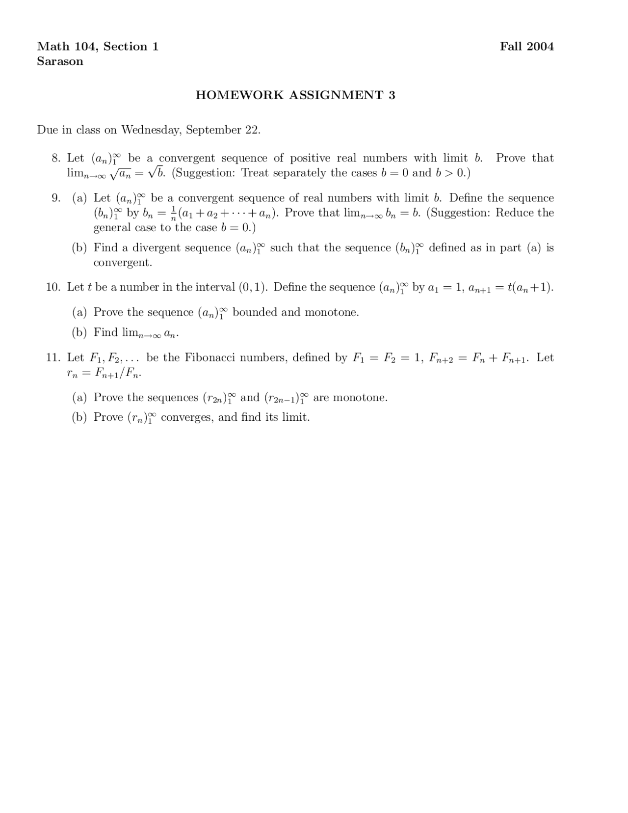 Homework Assignment 3 Introduction To Analysis Math 104 Docsity