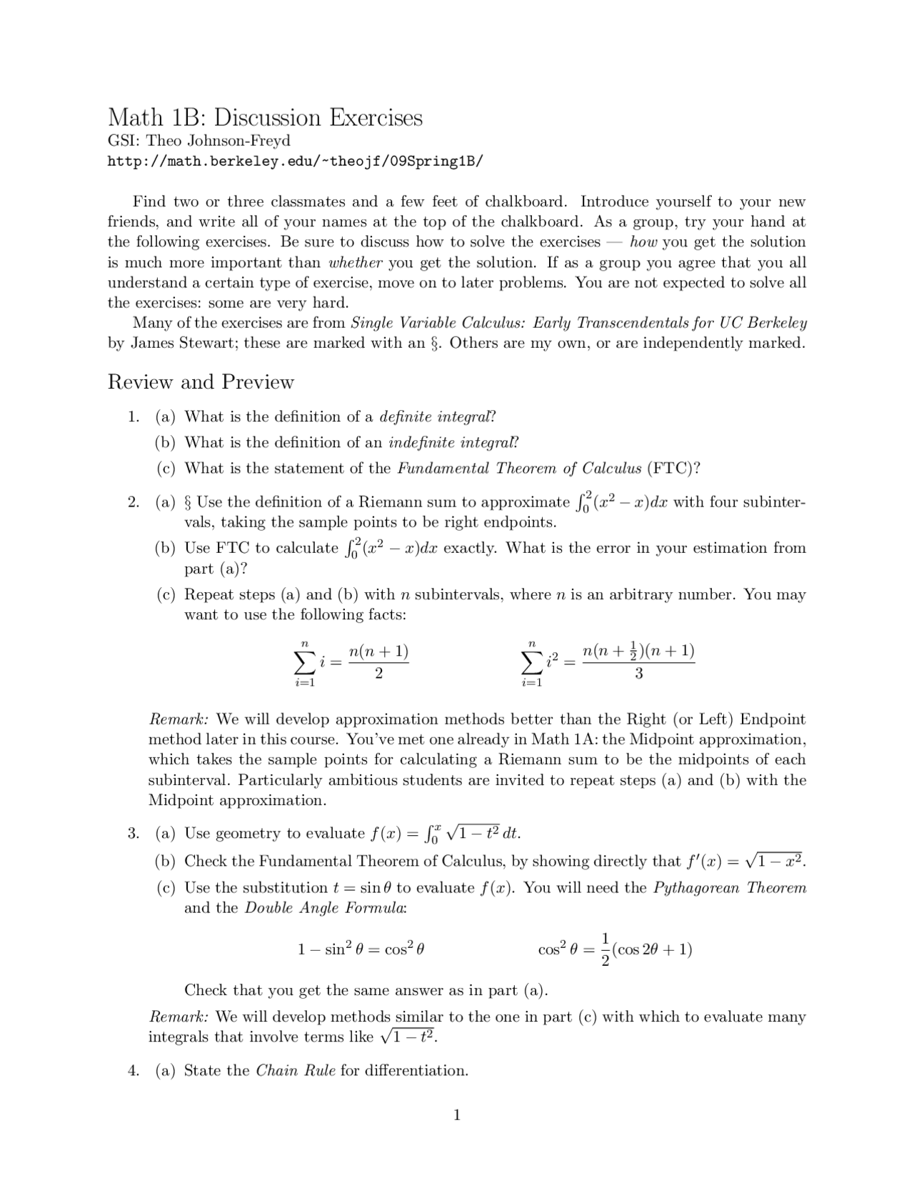 Math 1B: Discussion Exercises for Integration and Calculus | Assignments Calculus | Docsity