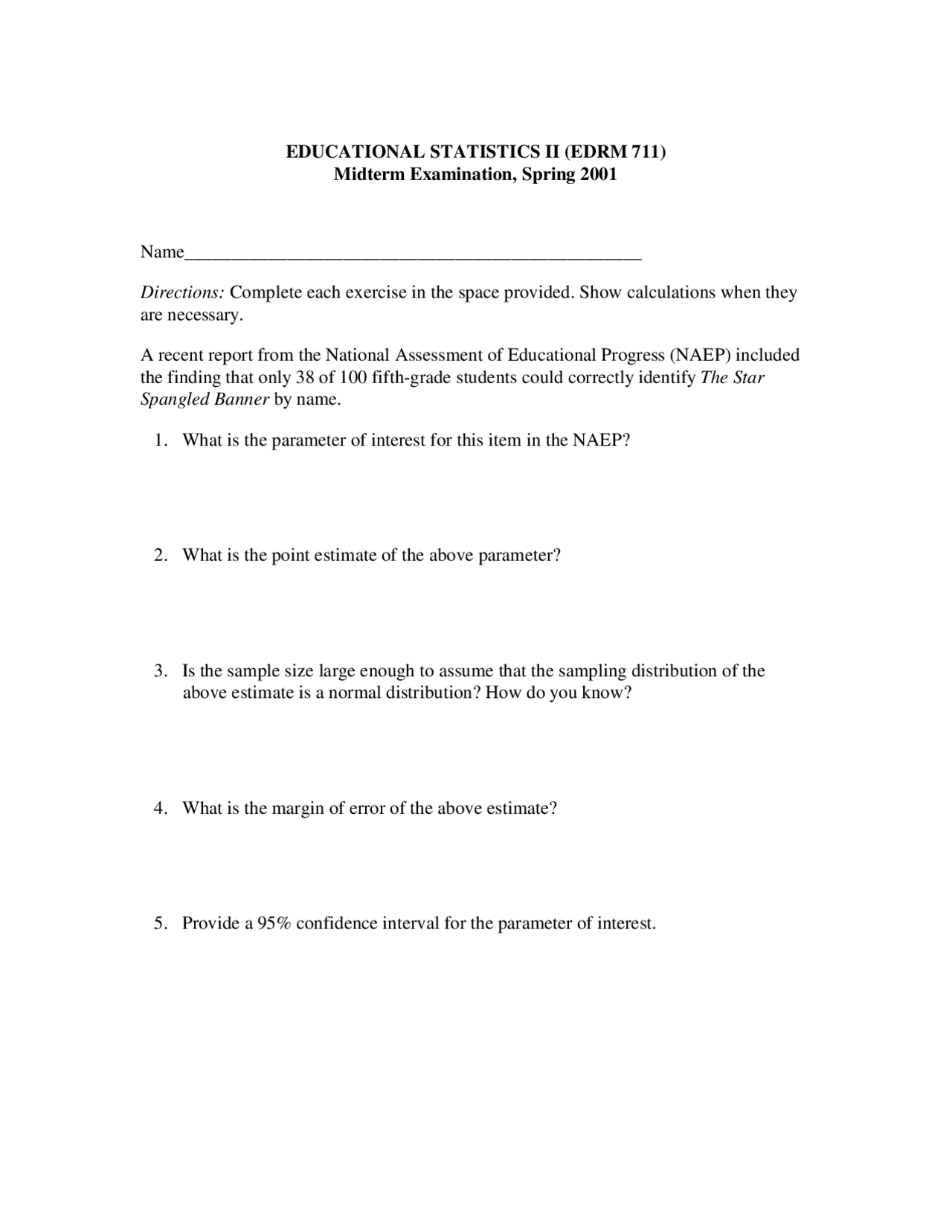 Unsolved Midterm Examination Educational Statistics Ii Edrm 711