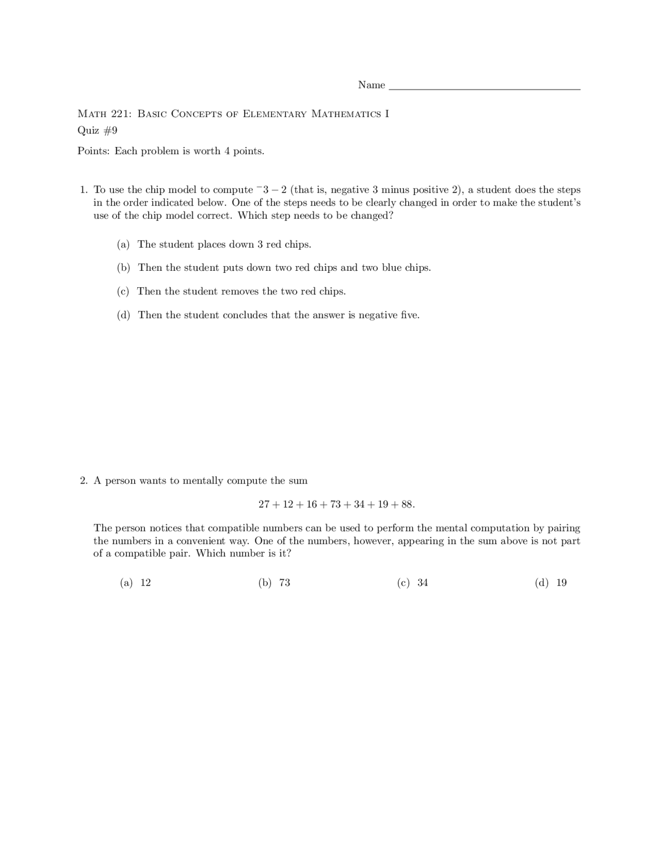 Quiz 9 Questions For Basic Concepts Of Elementary Mathematics I Math