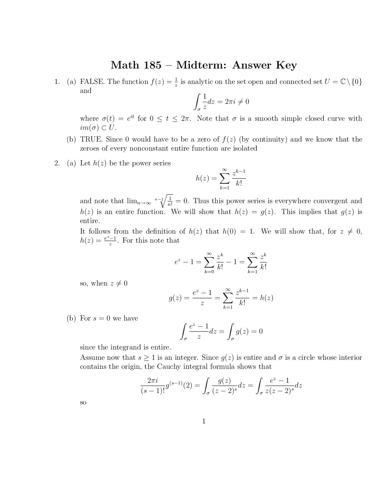 Midterm With Answer Key Introduction To Complex Analysis Math 185