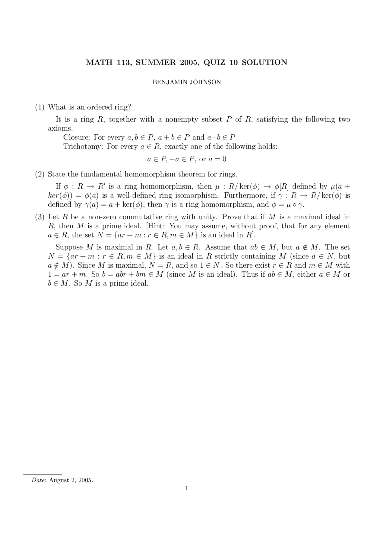 Quiz 10 Solution Introduction To Abstract Algebra Math 113 Docsity