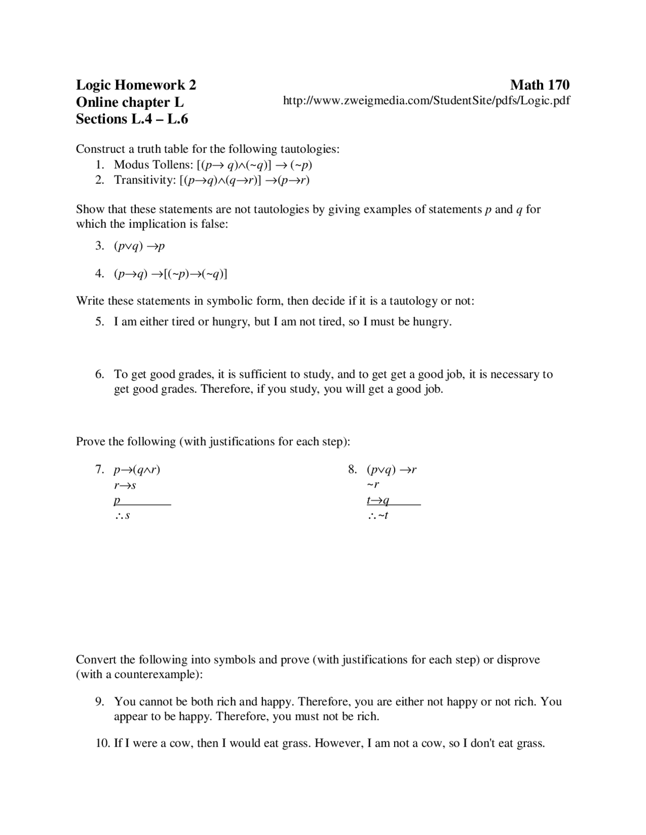 Logic Homework II - Finite Mathematics | MATH 170 - Docsity