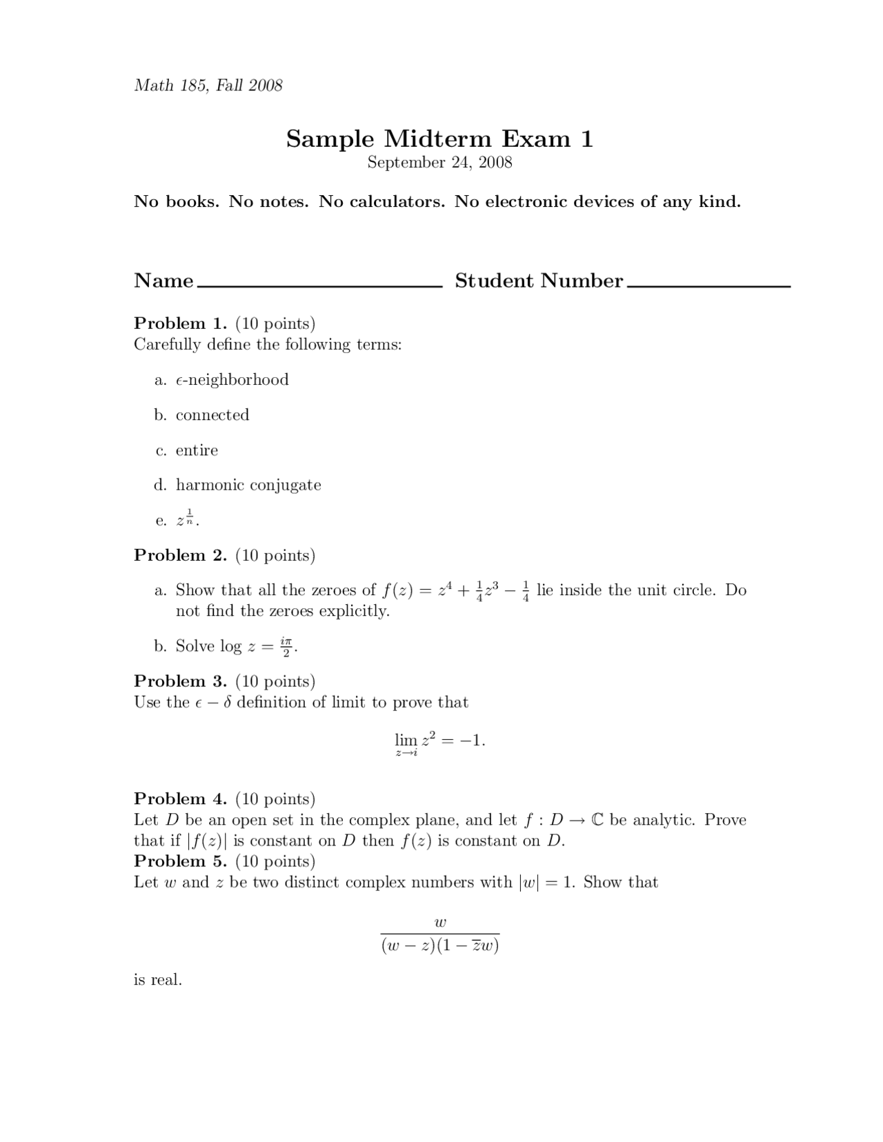 Sample Midterm Exam 1 Introduction To Complex Analysis Math 185