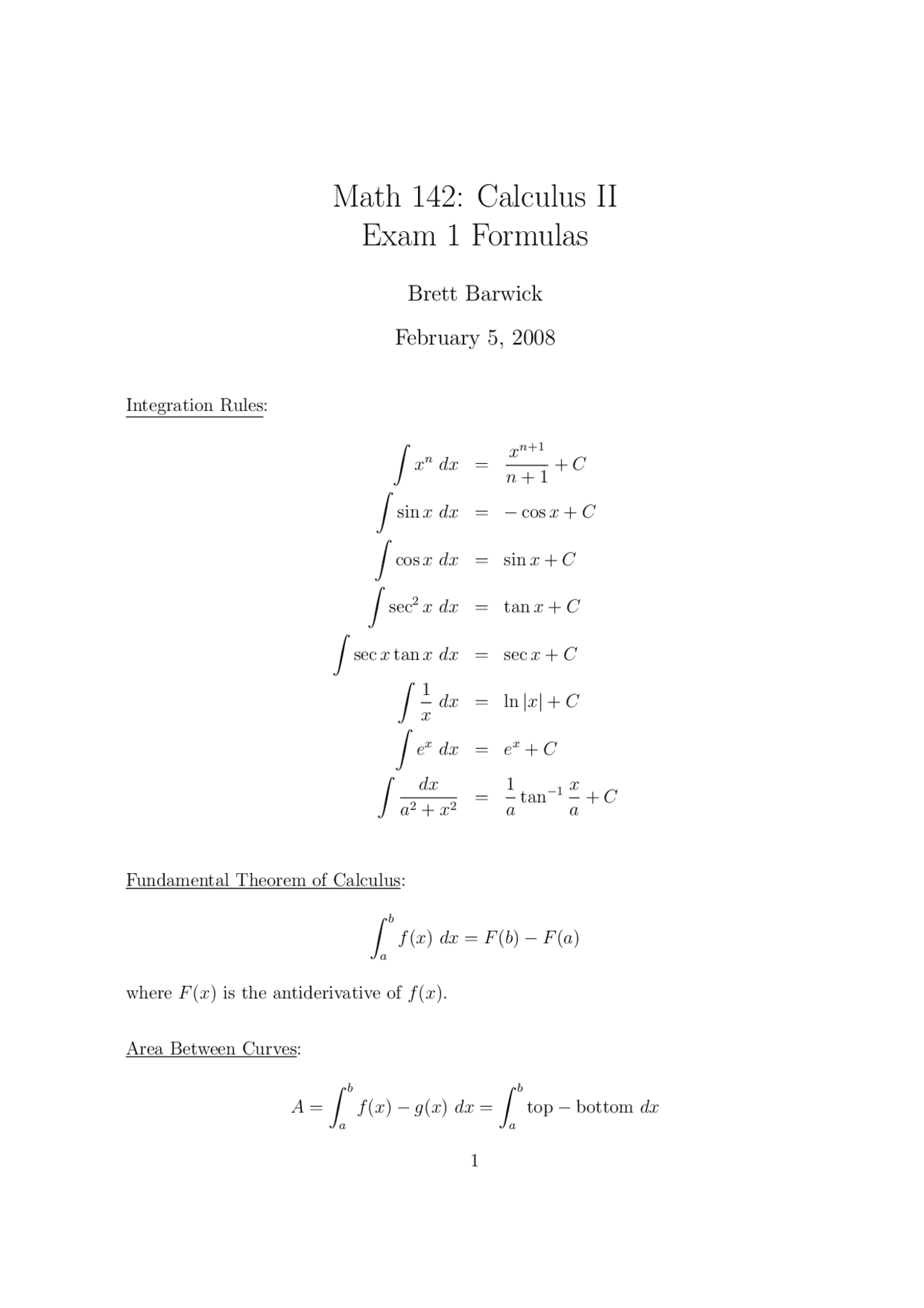 Midterm Exam 1 Formulas - Calculus II | MATH 142 - Docsity