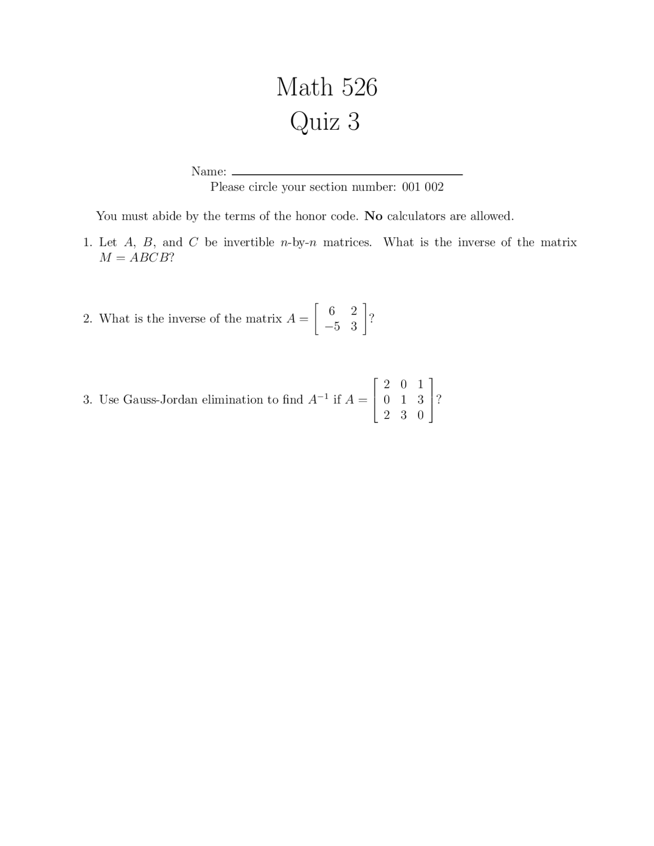What Is The Inverse Of Matrix Quiz 3 Math 526 Docsity