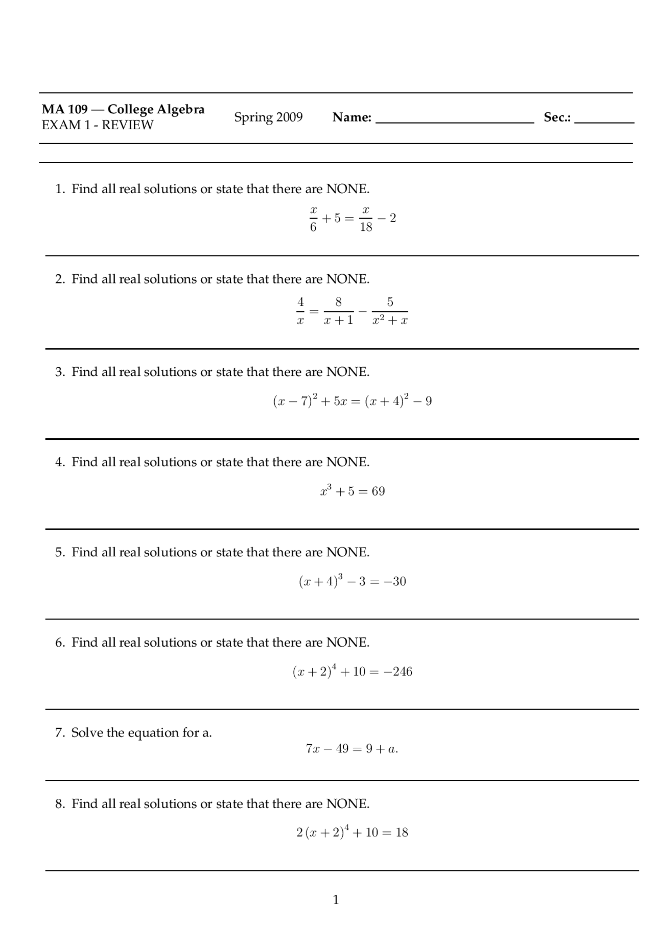 Review Exam Paper - College Algebra | MA 109 - Docsity