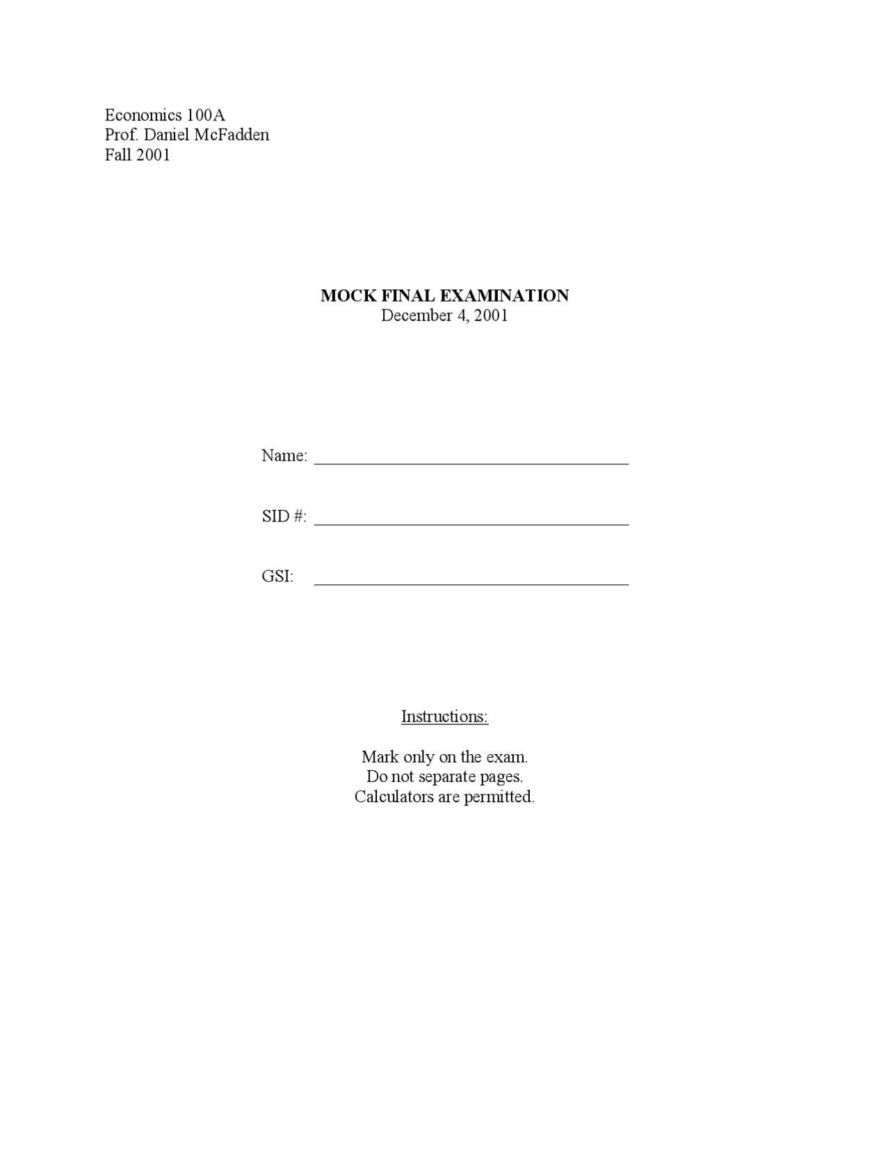 Mock Final Examination Answers Economic Analysis Macro Econ 100a