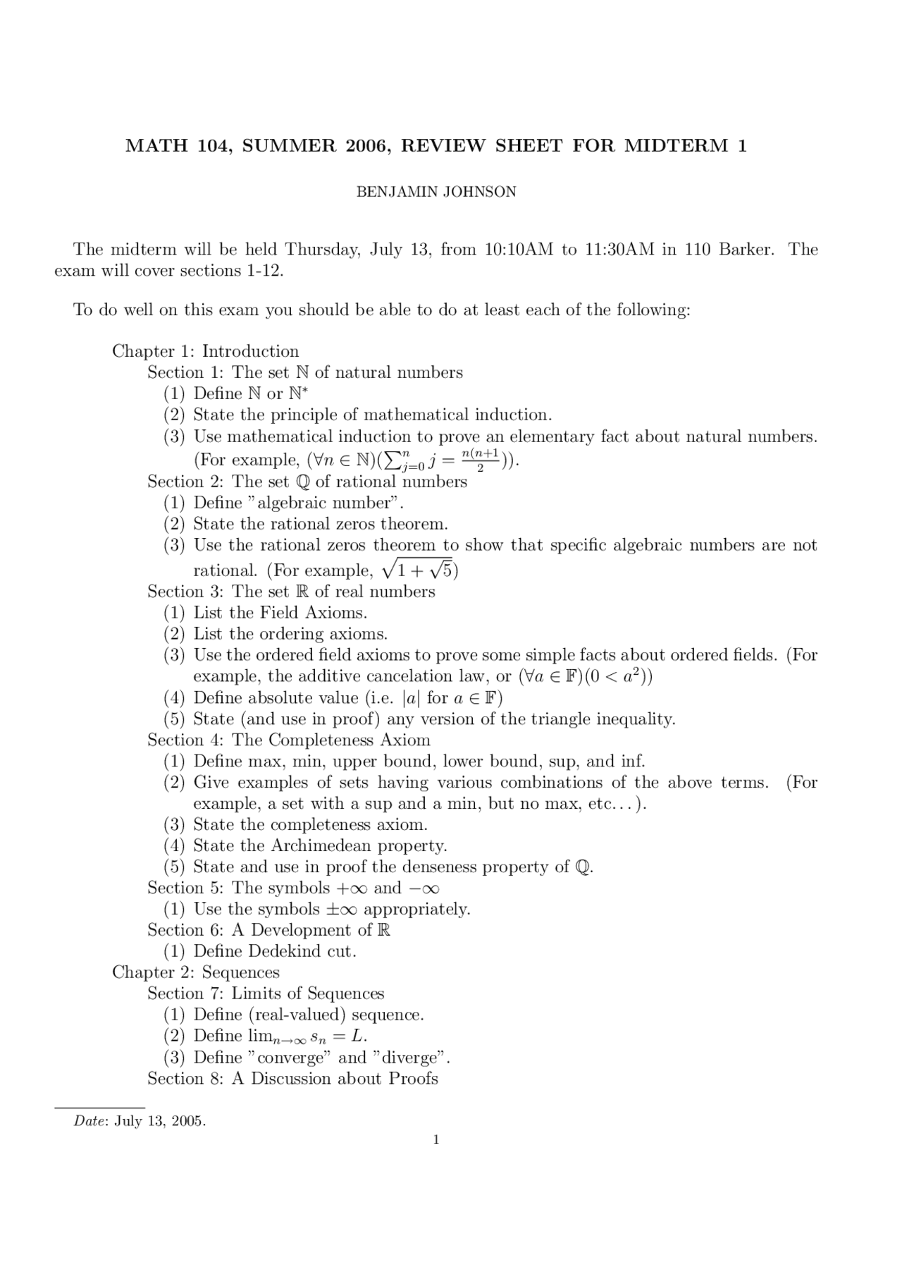 Review Sheet For Midterm 1 Introduction To Analysis Math 104 Docsity
