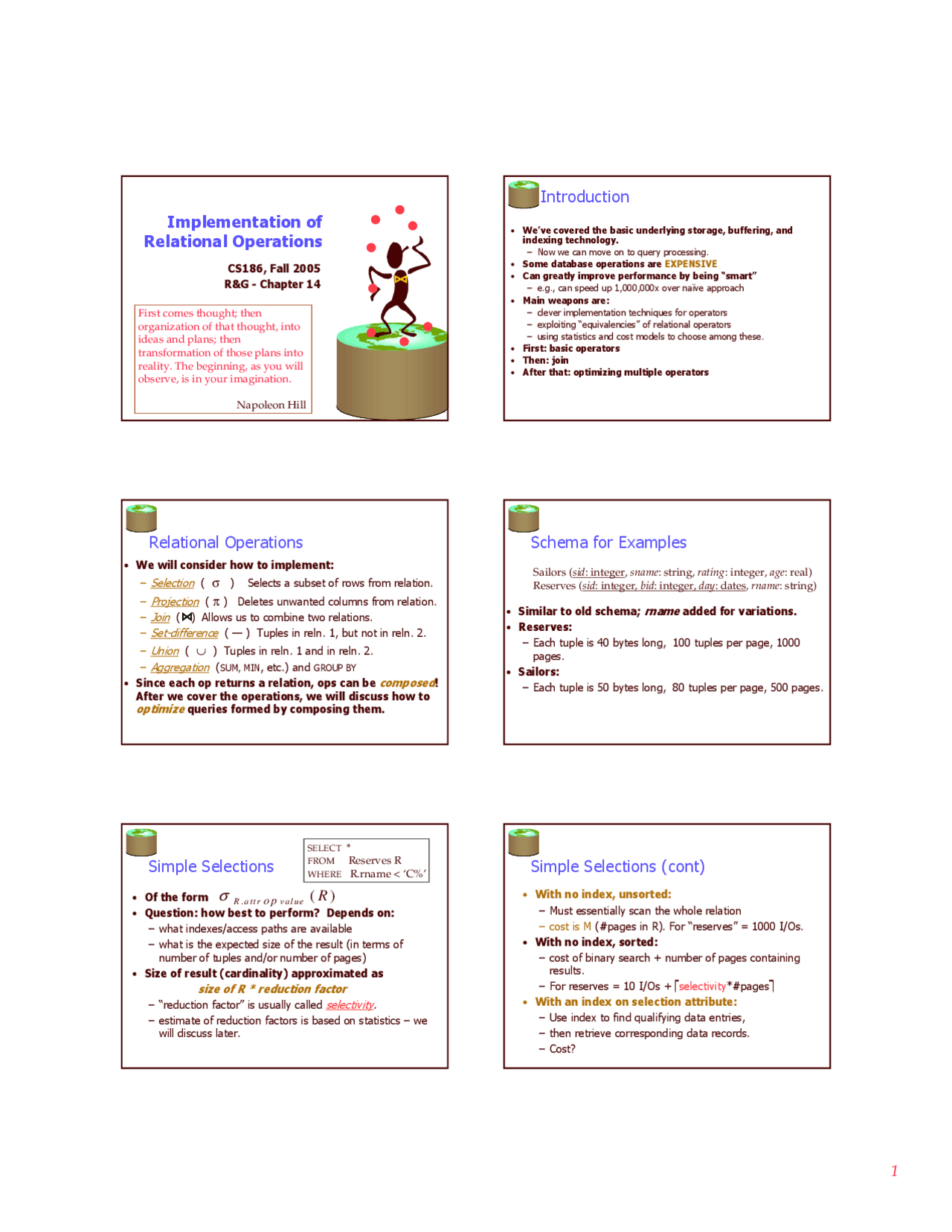 Implementation Of Relational Operations Lecture Slides Compsci 186 Docsity