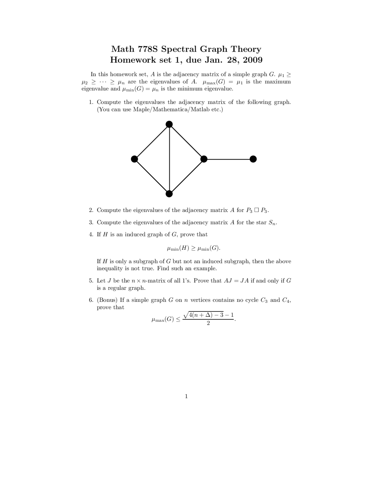6 Problems on Spectral Graph Theory - Homework 1 | MATH 778S ...