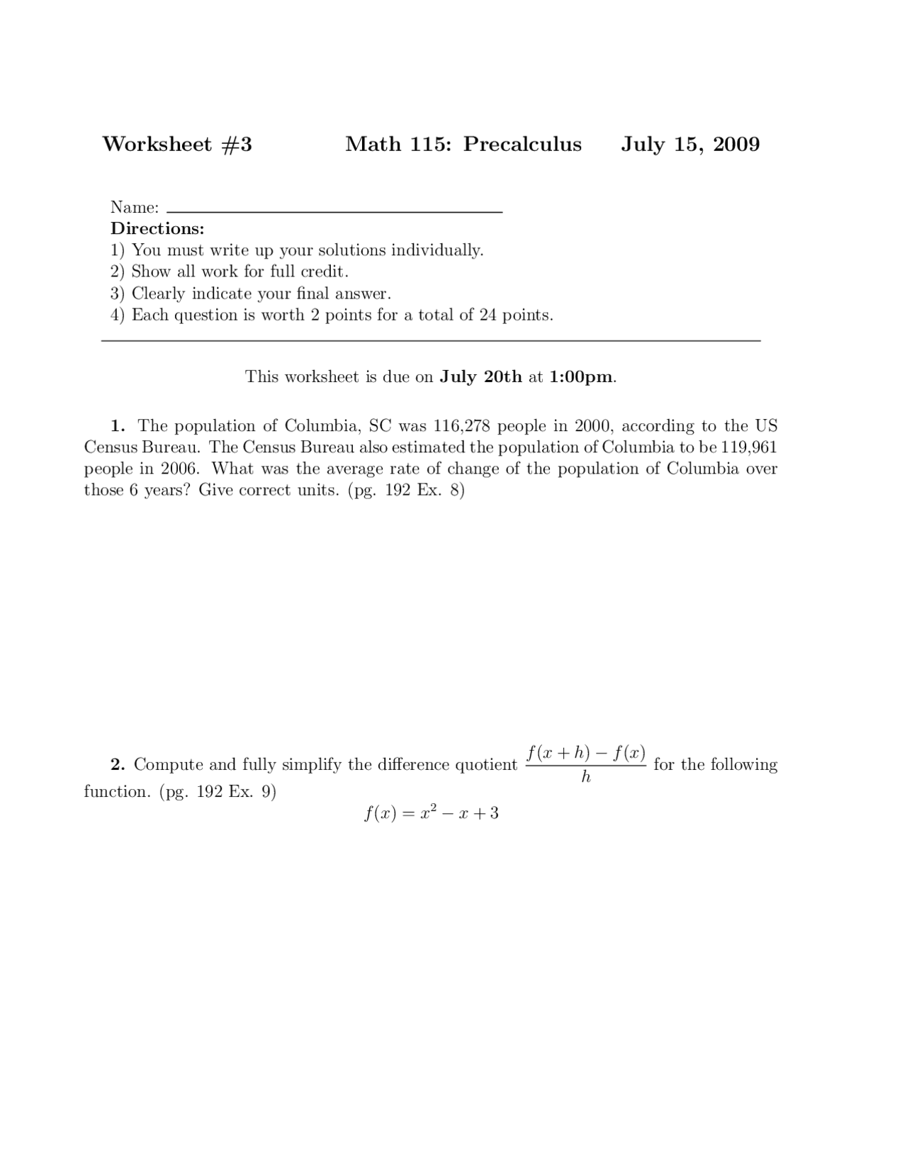 Worksheet 3 for Precalculus Mathematics 2009 | MATH 115 - Docsity