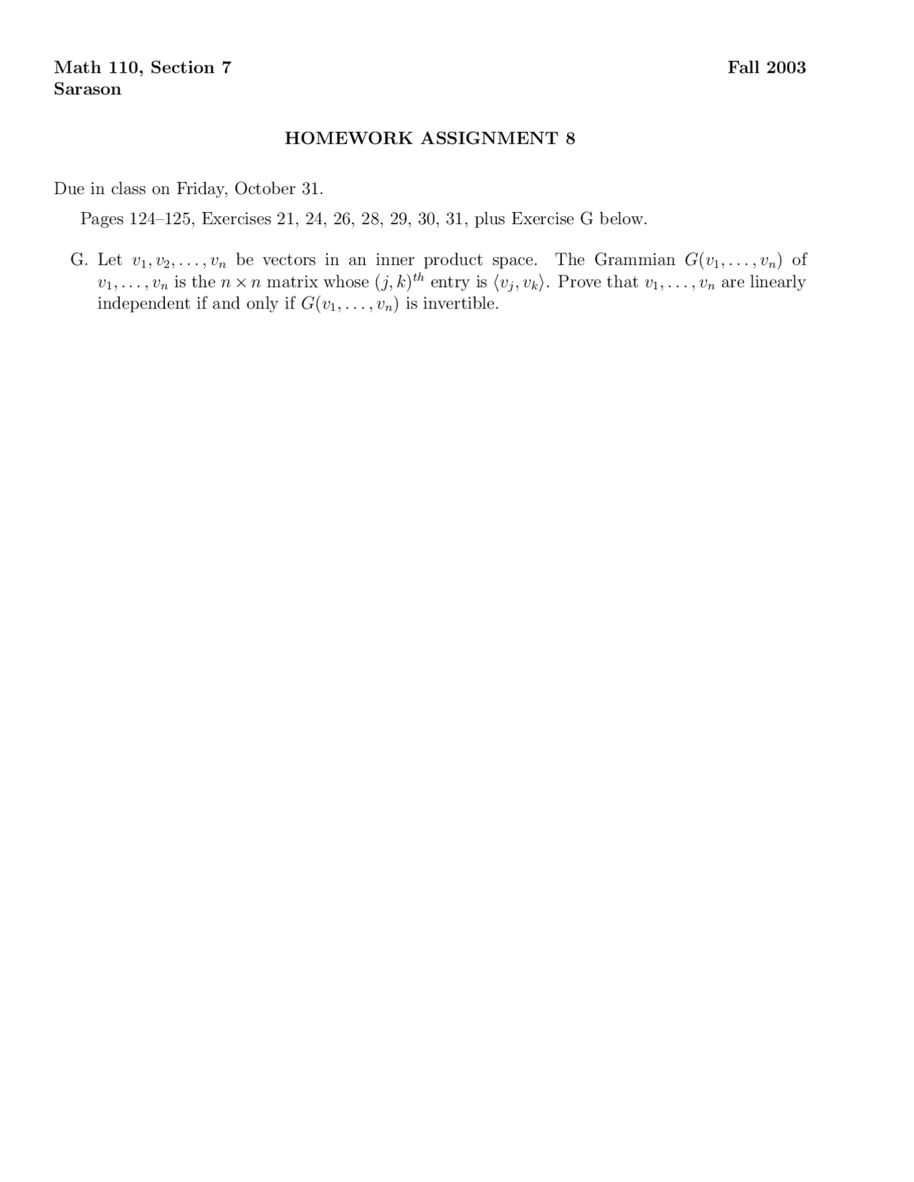 Linear Algebra Homework Assignment 8 Math 110 Docsity