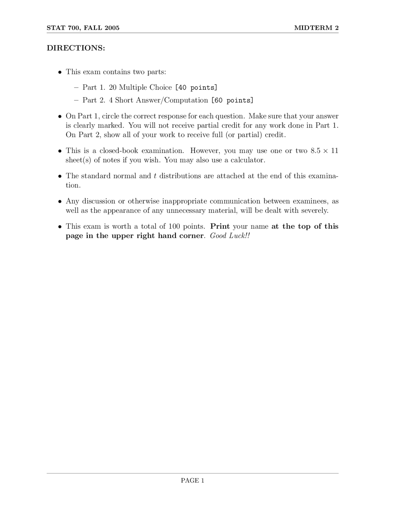Questions Of Applied Statistics I Midterm Exam Stat 700 Docsity