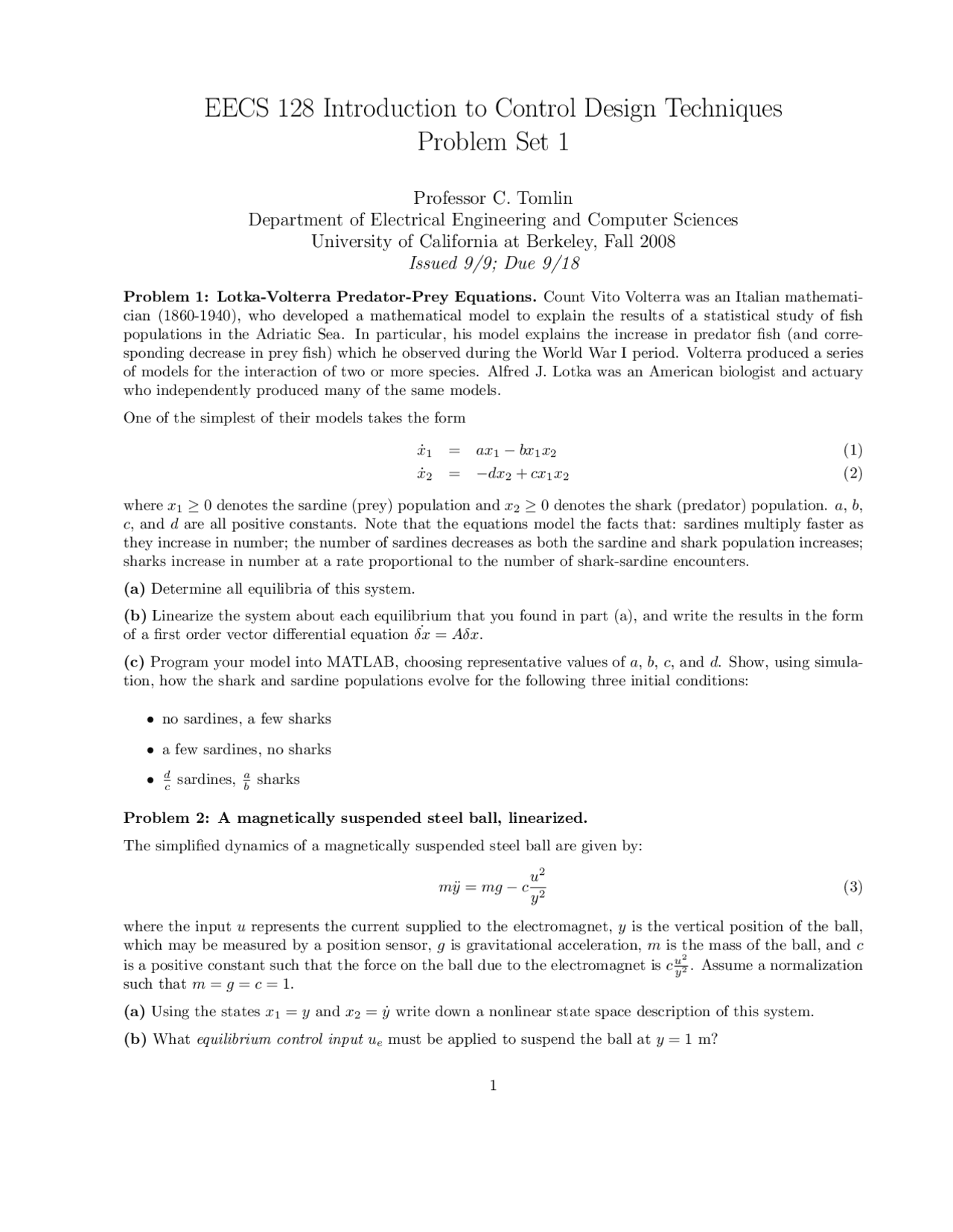 Problem Set 1 - Introduction to Control Design Techniques | EL ENG 128 ...
