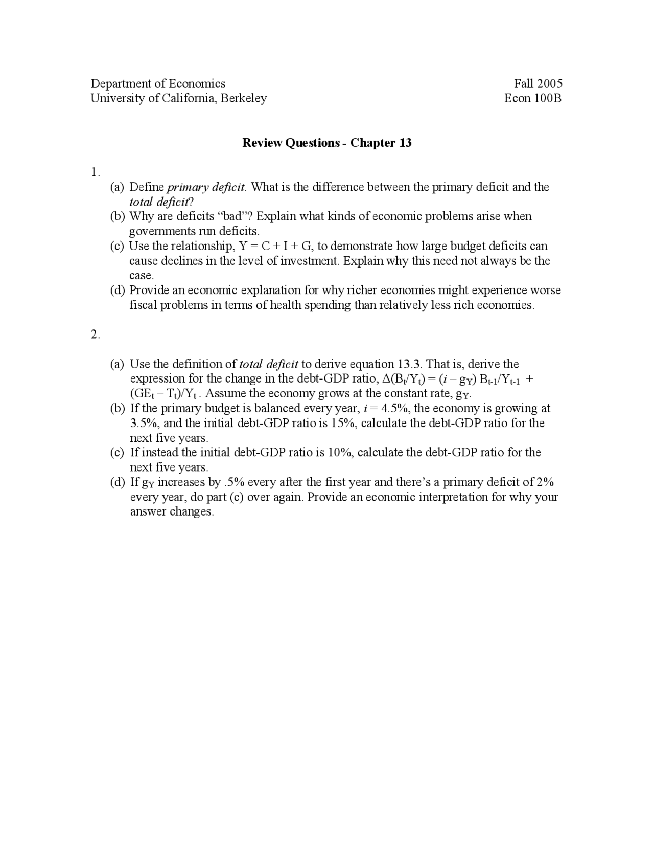 UC Berkeley Econ 100B: Chapter 13 Review - Fiscal Deficits ...