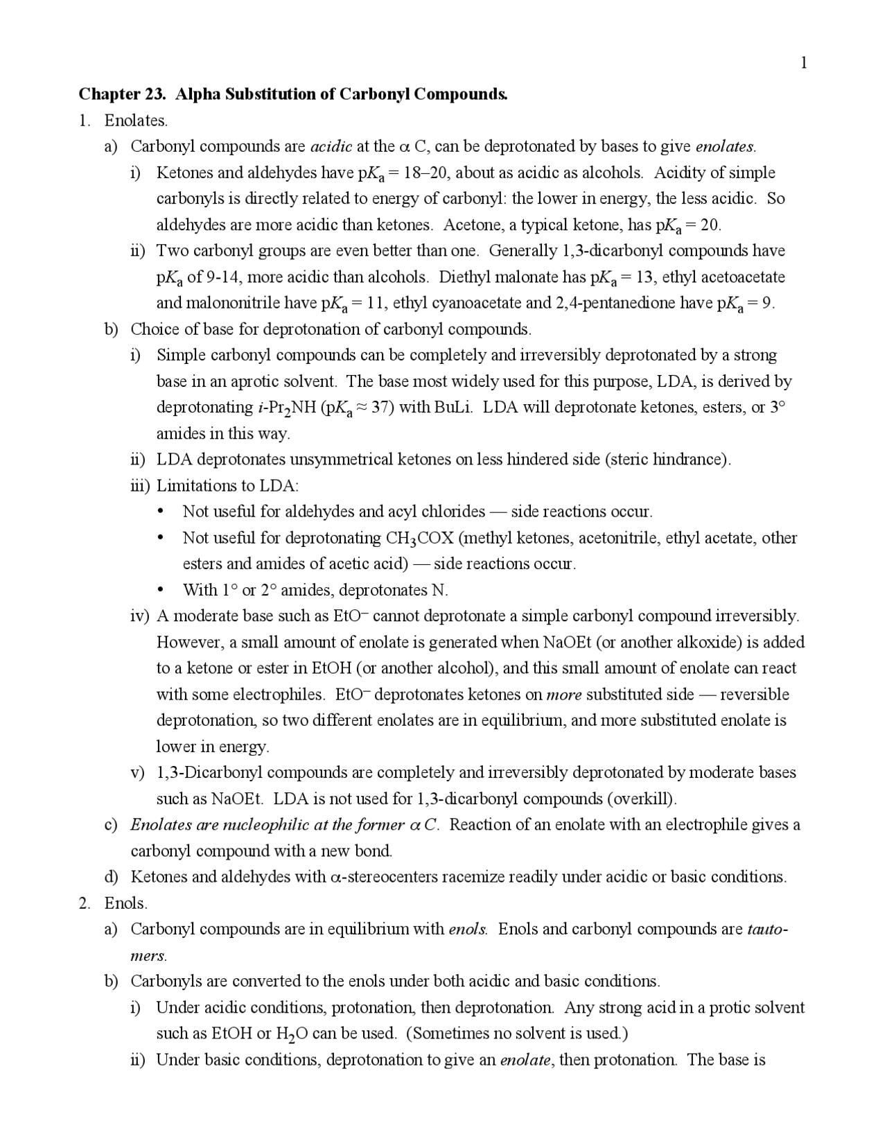 Alpha Substitution Of Carbonyl Compounds Lecture Notes Che 232