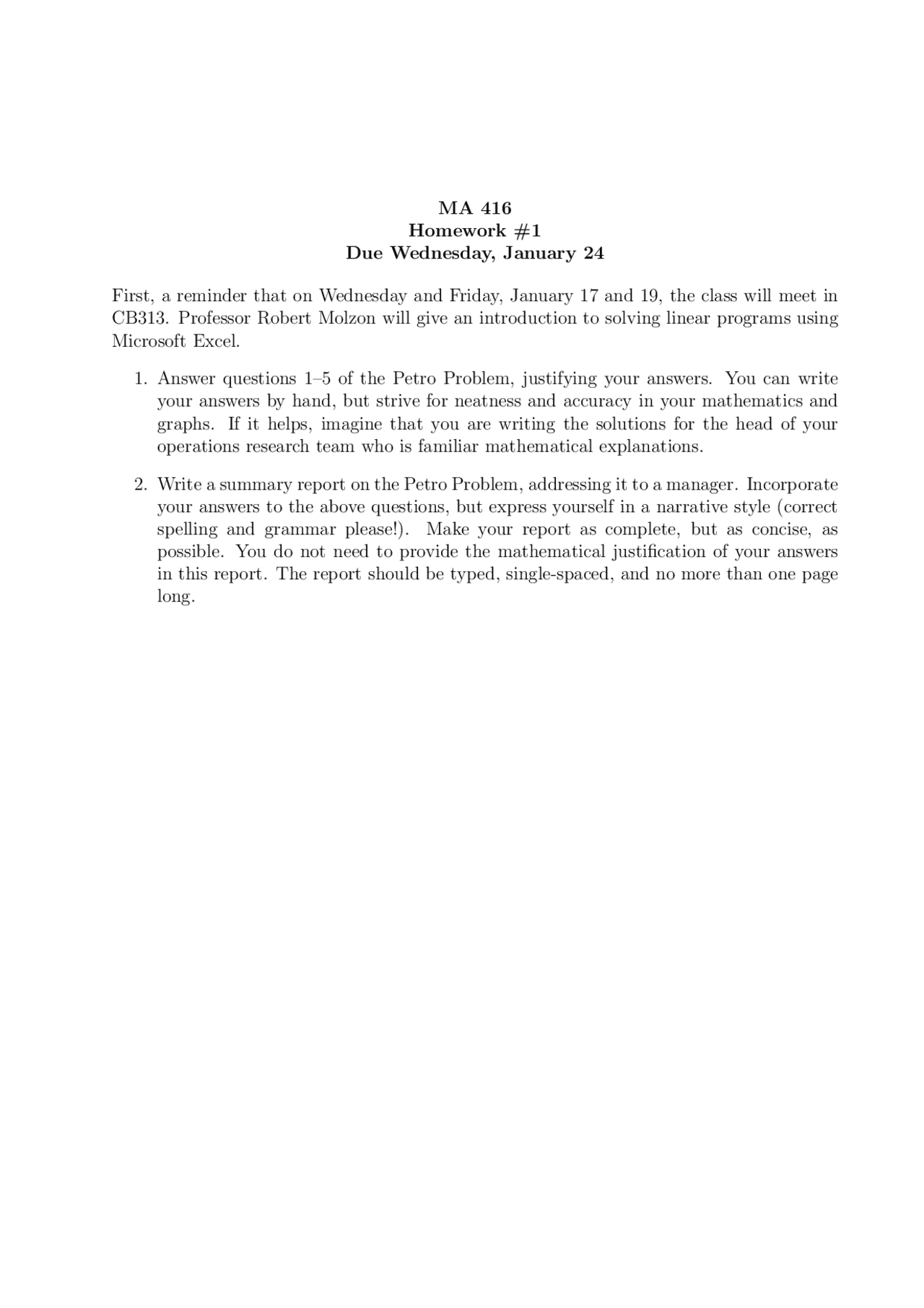 2 Problems on Linear Programming of Microsoft Excel - Homework 1 | MA 416G - Docsity