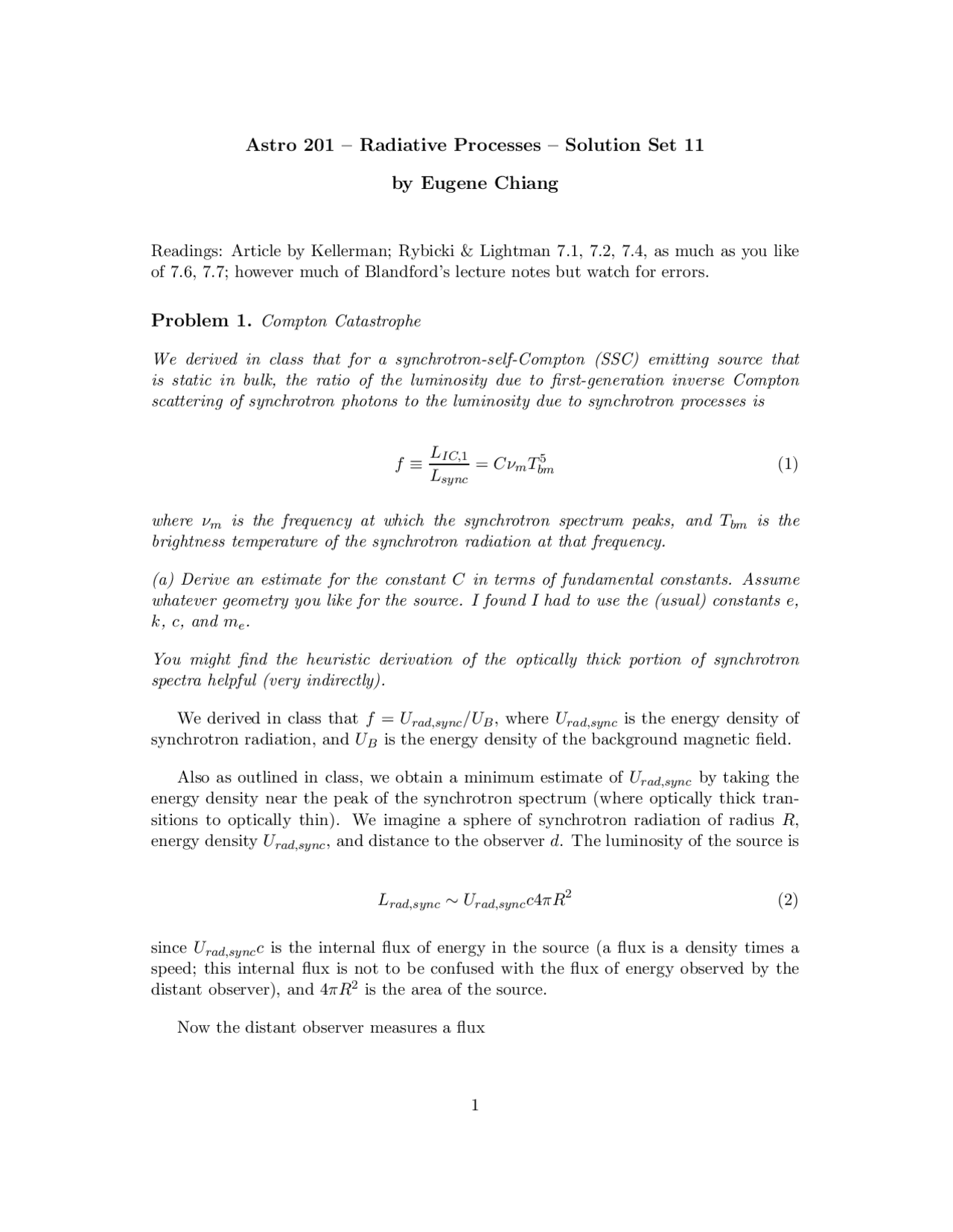 Radiation Processes In Astronomy Solution Set 11 Astron 201 Docsity