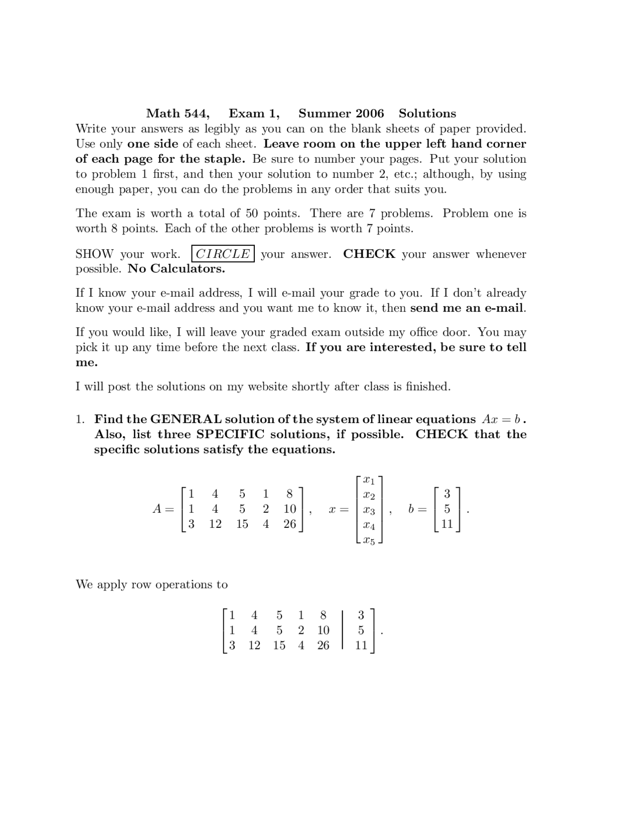 Past Exam 1 With Solutions For Linear Algebra Math 544 Docsity
