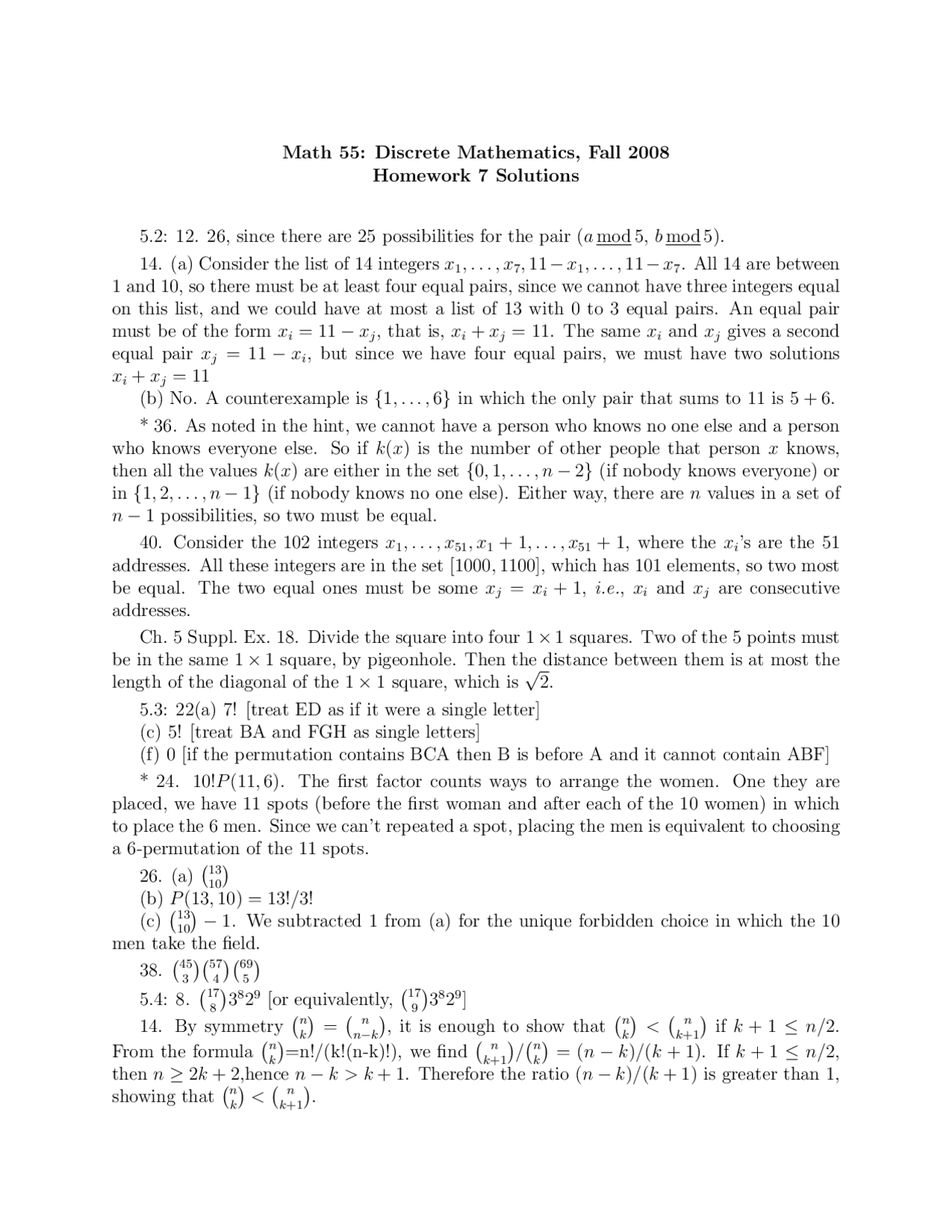 Binomial Theorem in Discrete Mathematics - Homework 7 | MATH 055 - Docsity