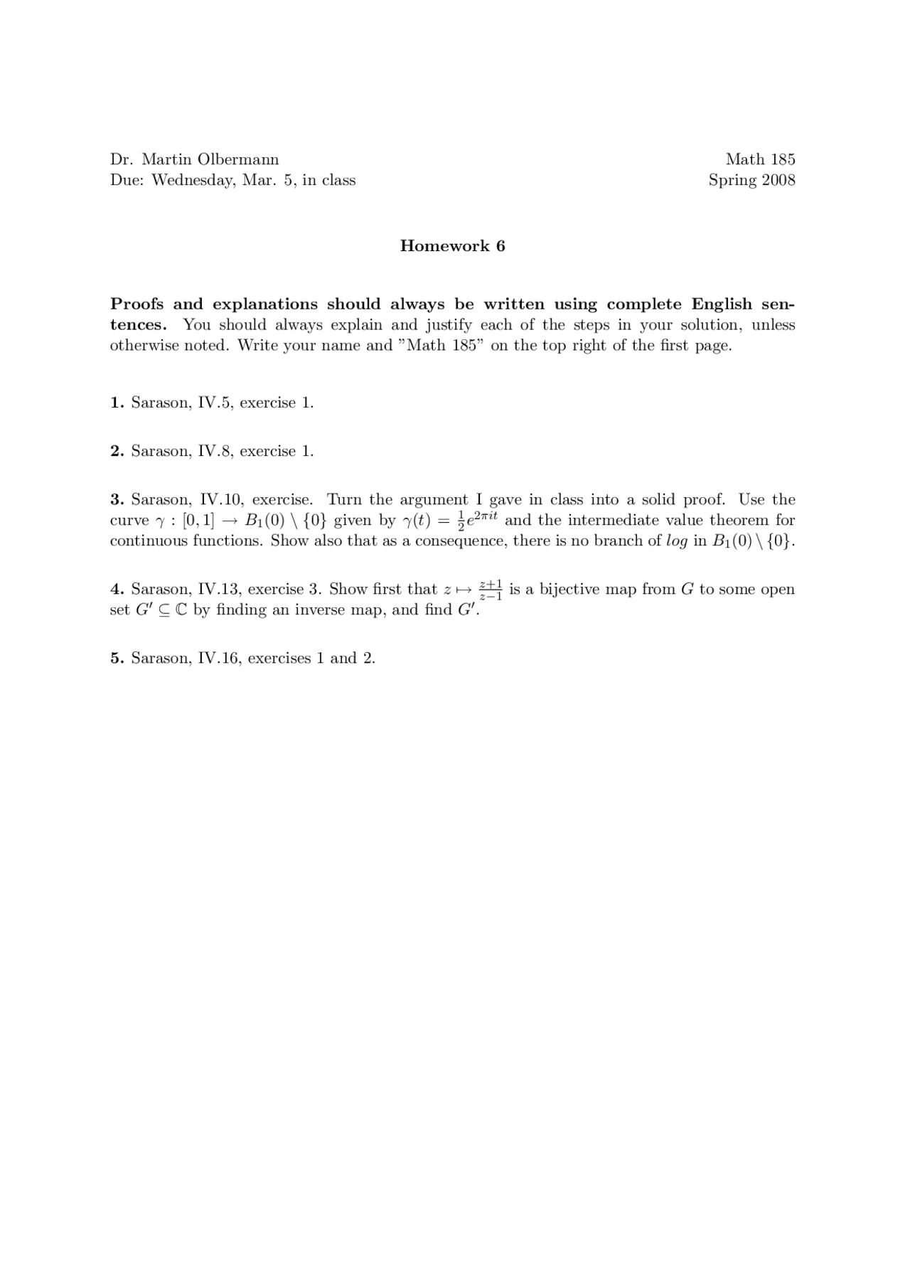 Math 185 Homework 6 Spring 2008 - Prof. M. Olbermann | Assignments Mathematics | Docsity