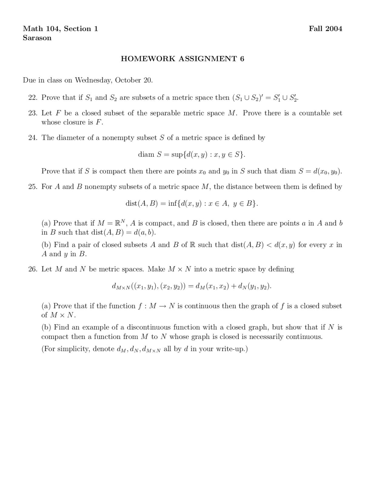 Introduction To Analysis Homework Assignment 6 Problems Math 104 Assignments Mathematics