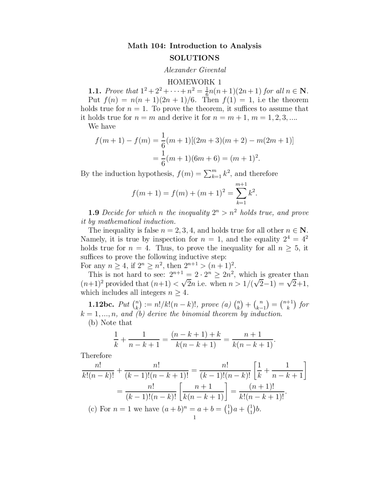 Solutions For Homework 1 Introduction To Analysis Math 104 Docsity