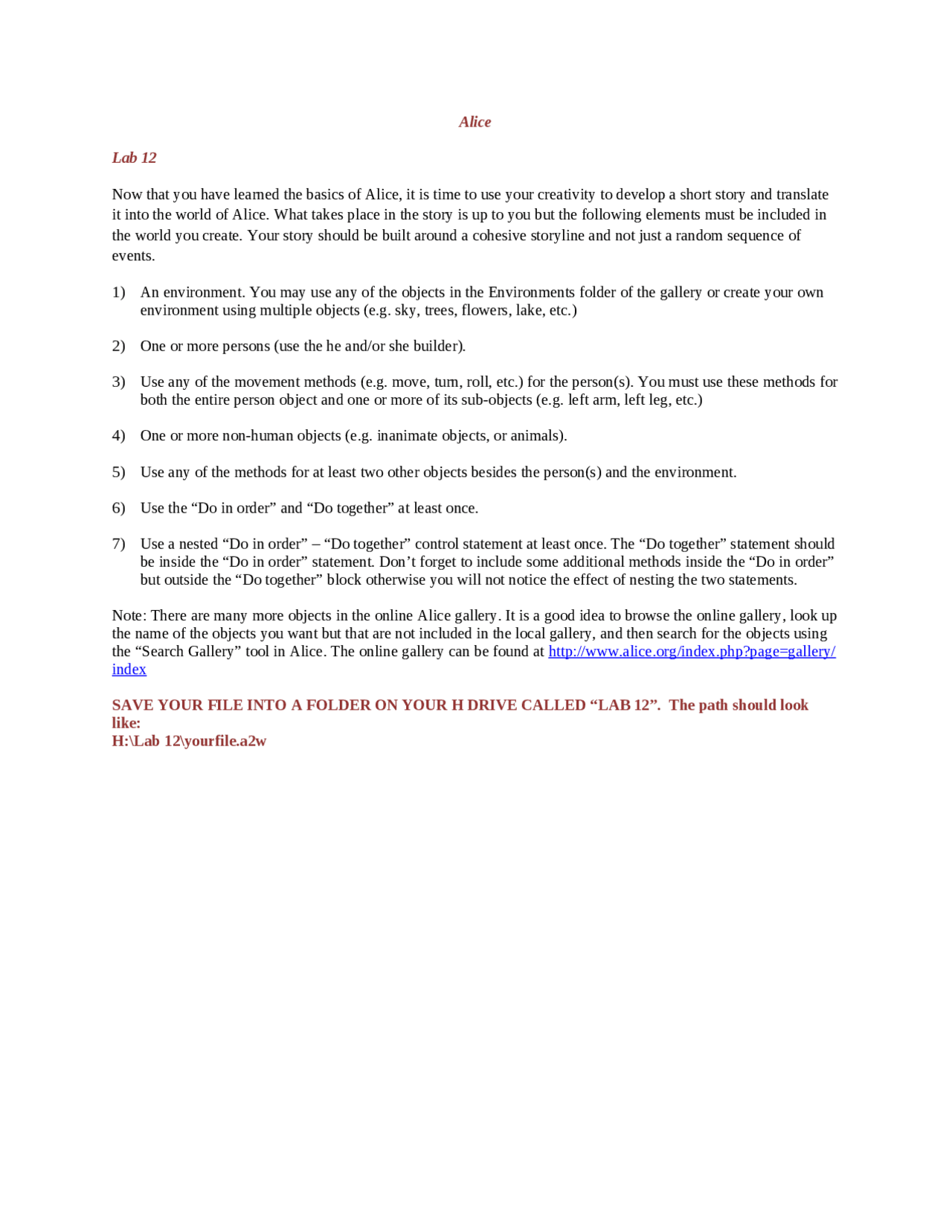 Alice Introduction Computer Concepts Lab 12 Csce 101 Docsity