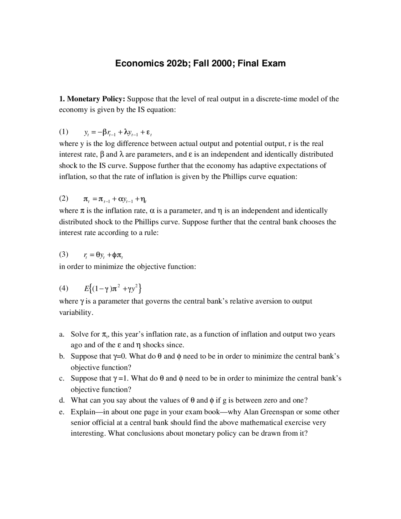 Final Exam On Macroeconomic Theory Fall 2000 Econ 161 Docsity