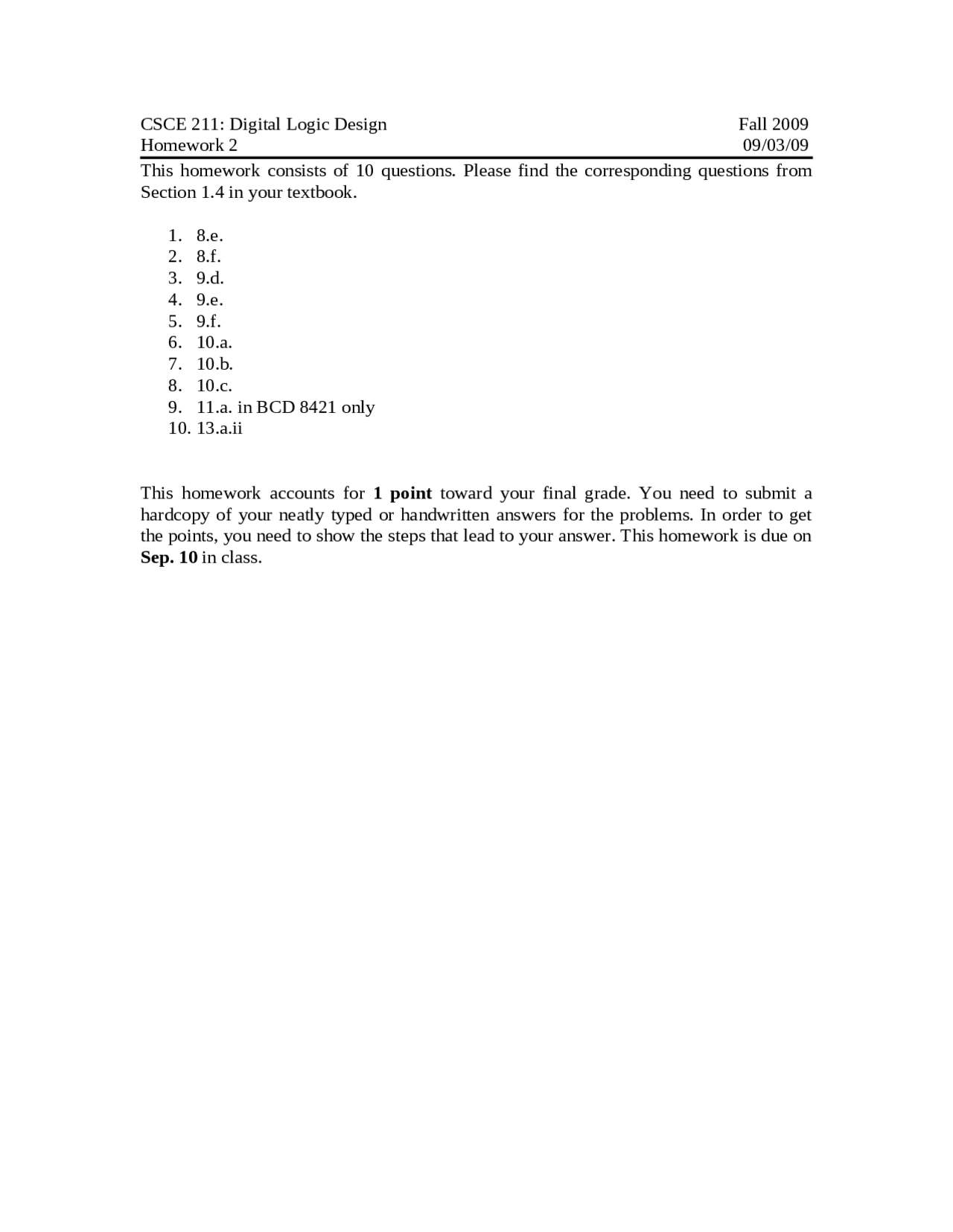10 Solved Questions In Digital Logic Design Assignment 2 Csce 211 Docsity