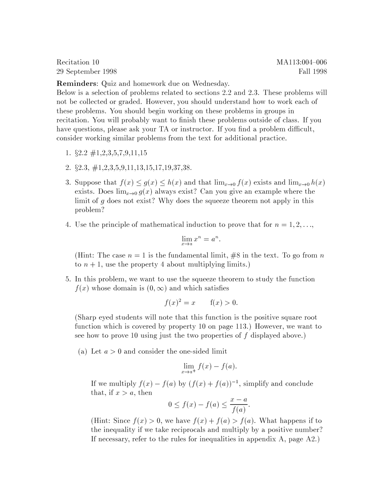 7 Problems On Calculus I Assignment Ma 113 Docsity