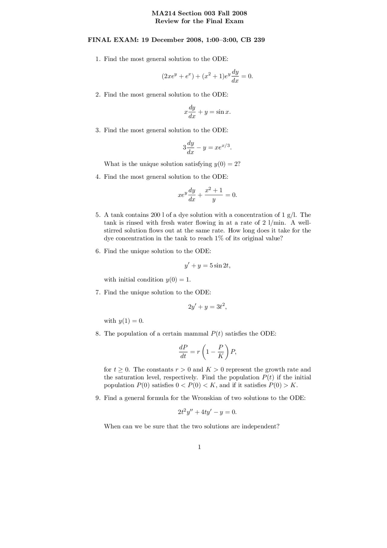 Calculus IV - Review for Final Exam | MA 214 - Docsity