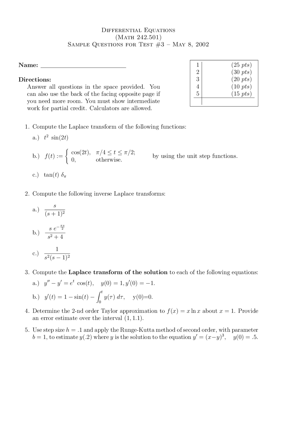 Sample Questions for Test 3 - Differential Equations - Fall 2002 | MATH ...