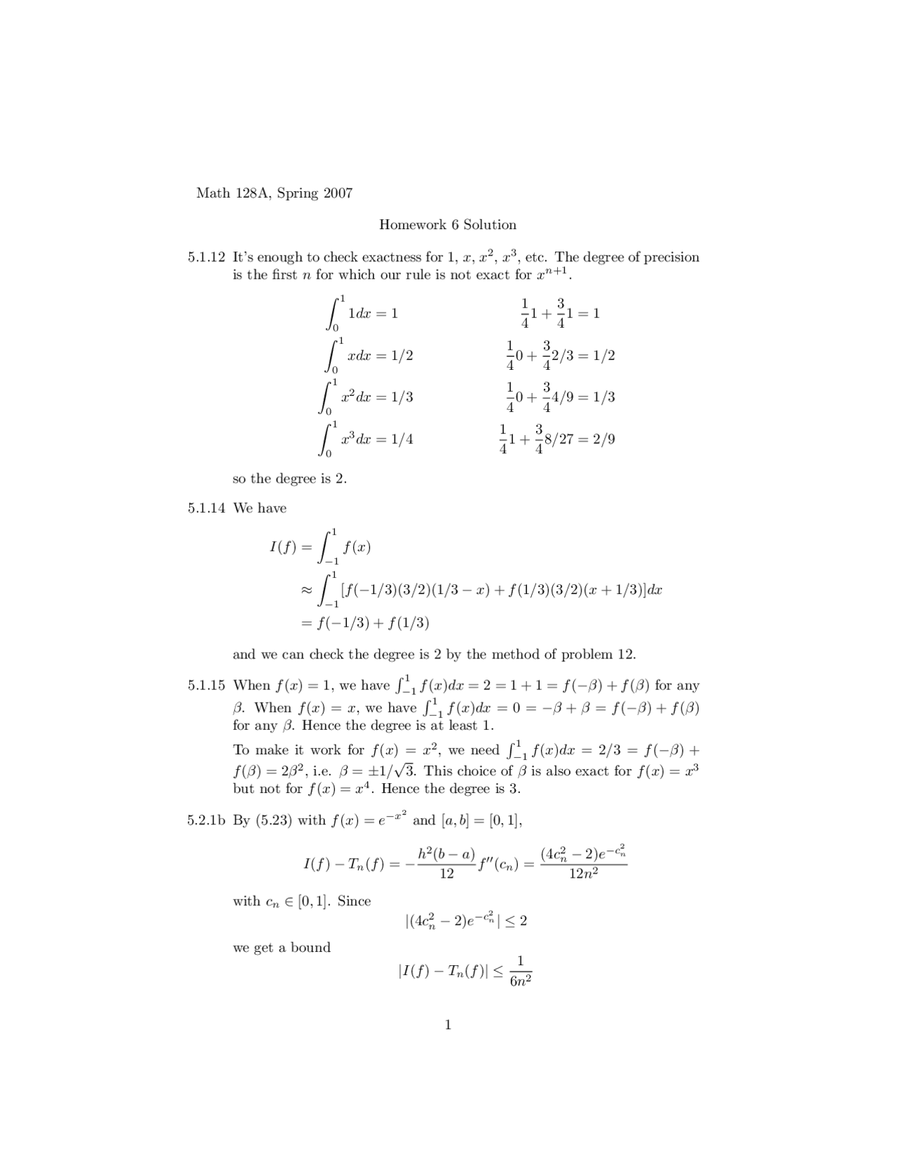 Homework 6 Solutions Numerical Analysis Math 128a Assignments