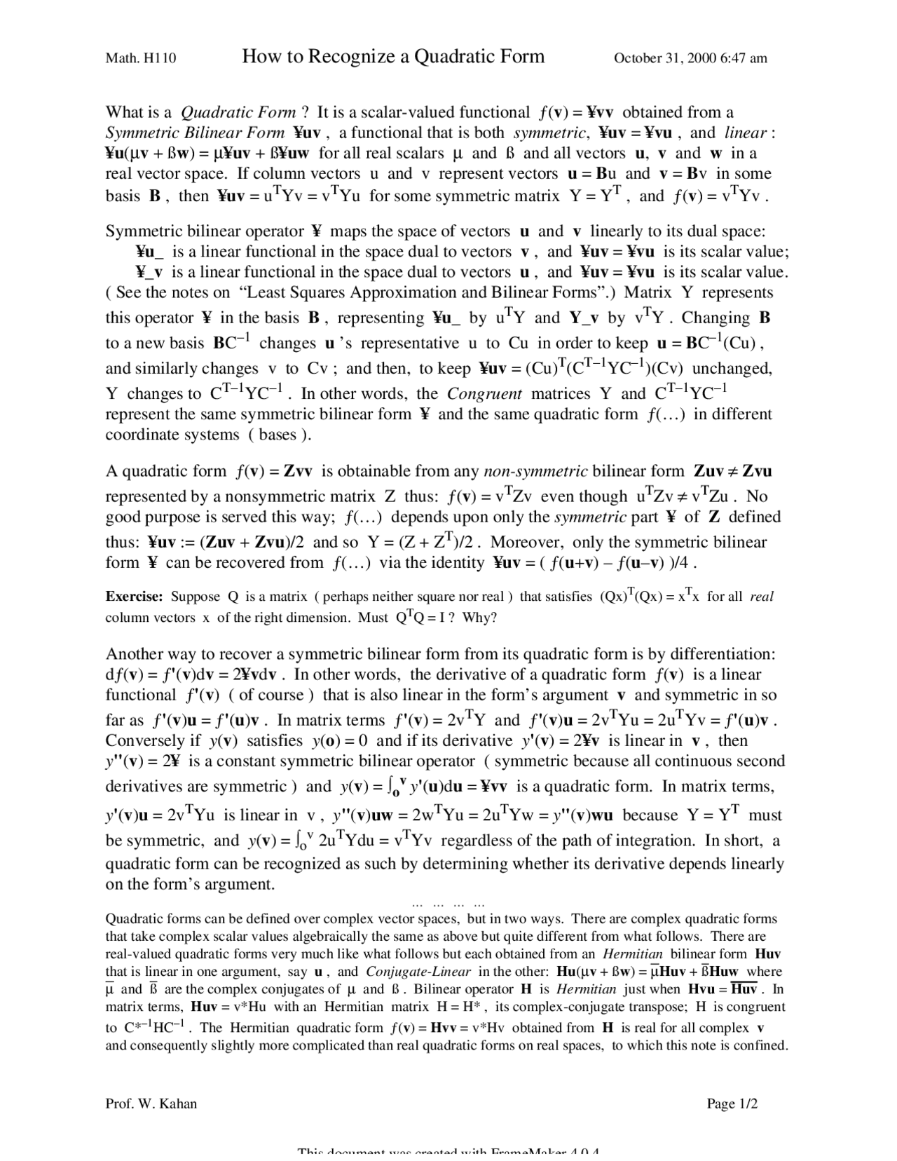 How To Recognize A Quadratic Function Lecture Notes Math H110 Docsity