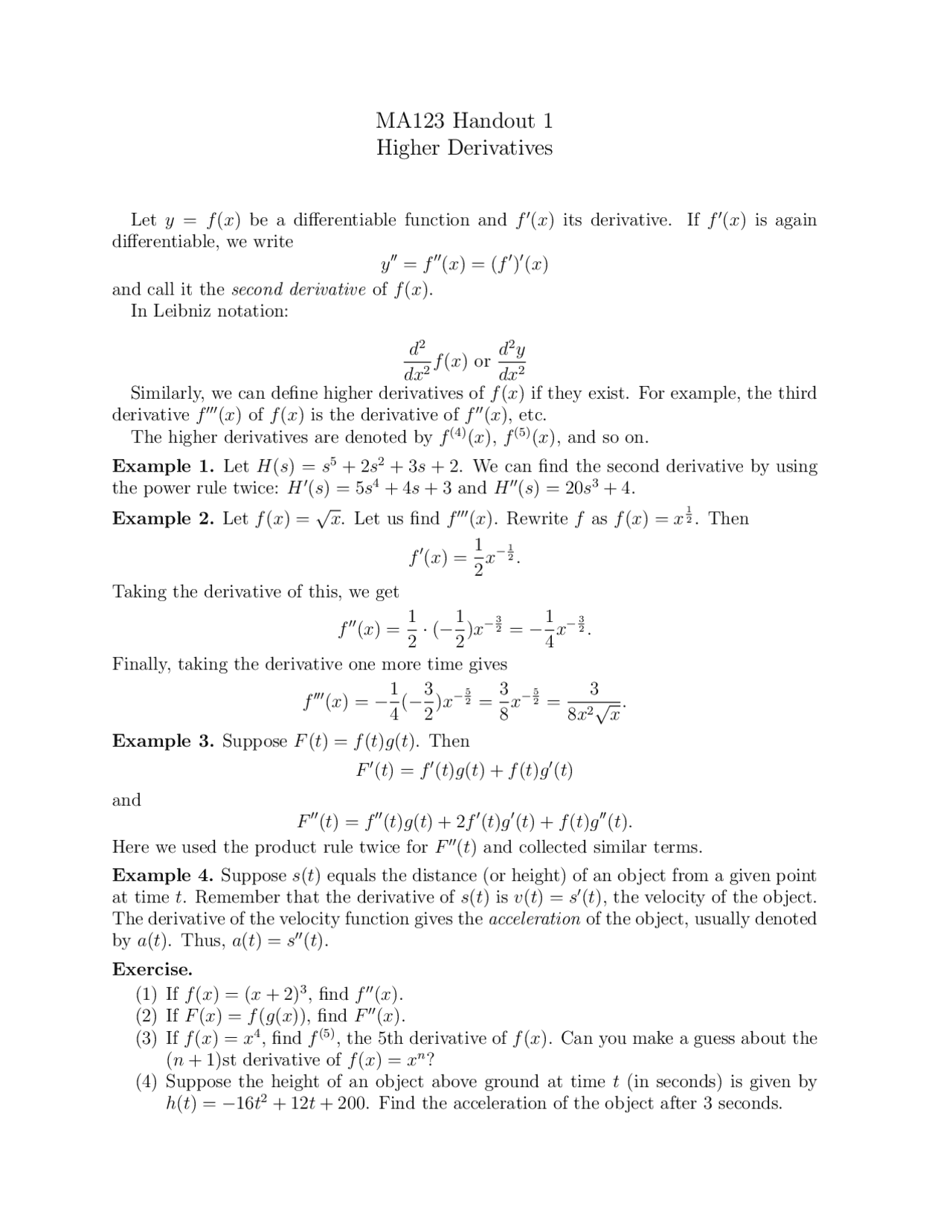 Handout 1 Higher Derivatives Elementary Calculus And Its Applications