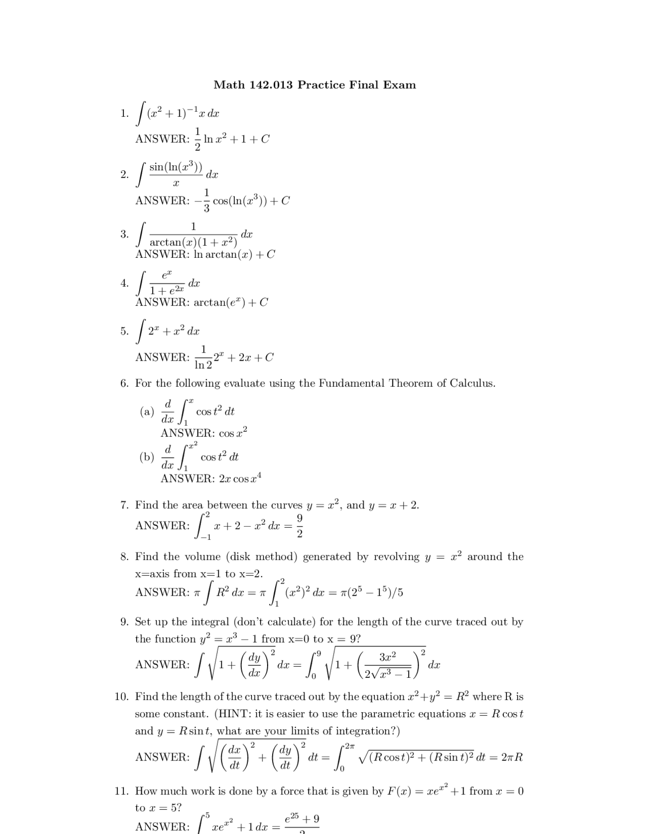 Calculus I - Practice Final Exam | MATH 142 - Docsity