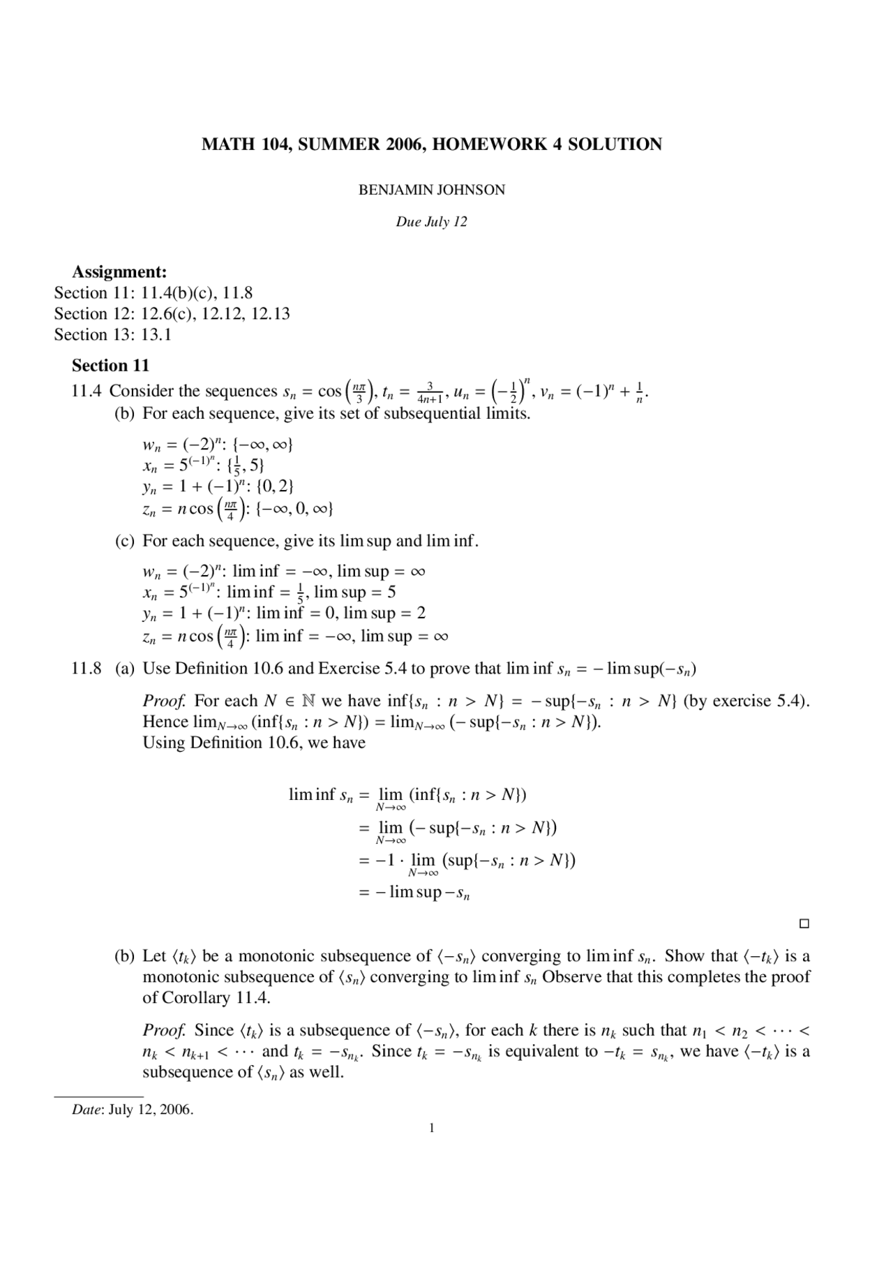 Homework 4 Solution Introduction To Analysis Math 104 Docsity