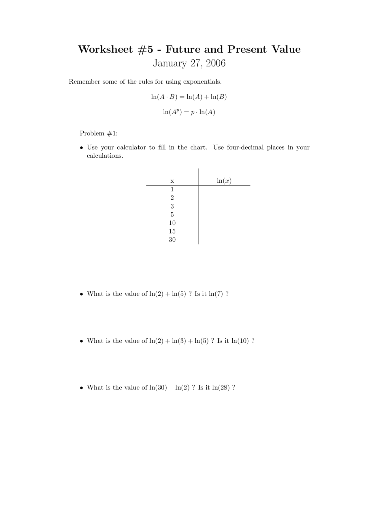 Future and Present Value - Worksheet 5 | MATH 122 - Docsity