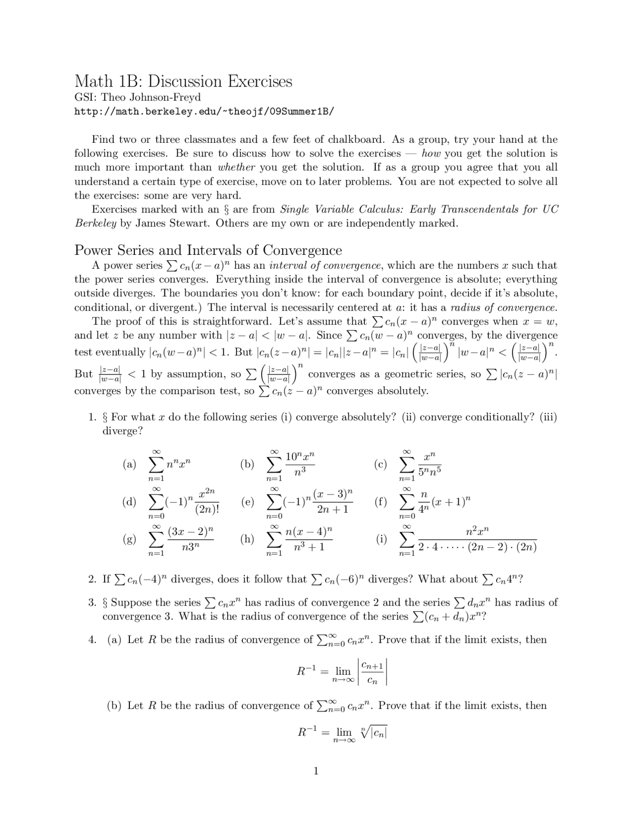 Discussion Exercises for Calculus | MATH 1B | Assignments Calculus | Docsity