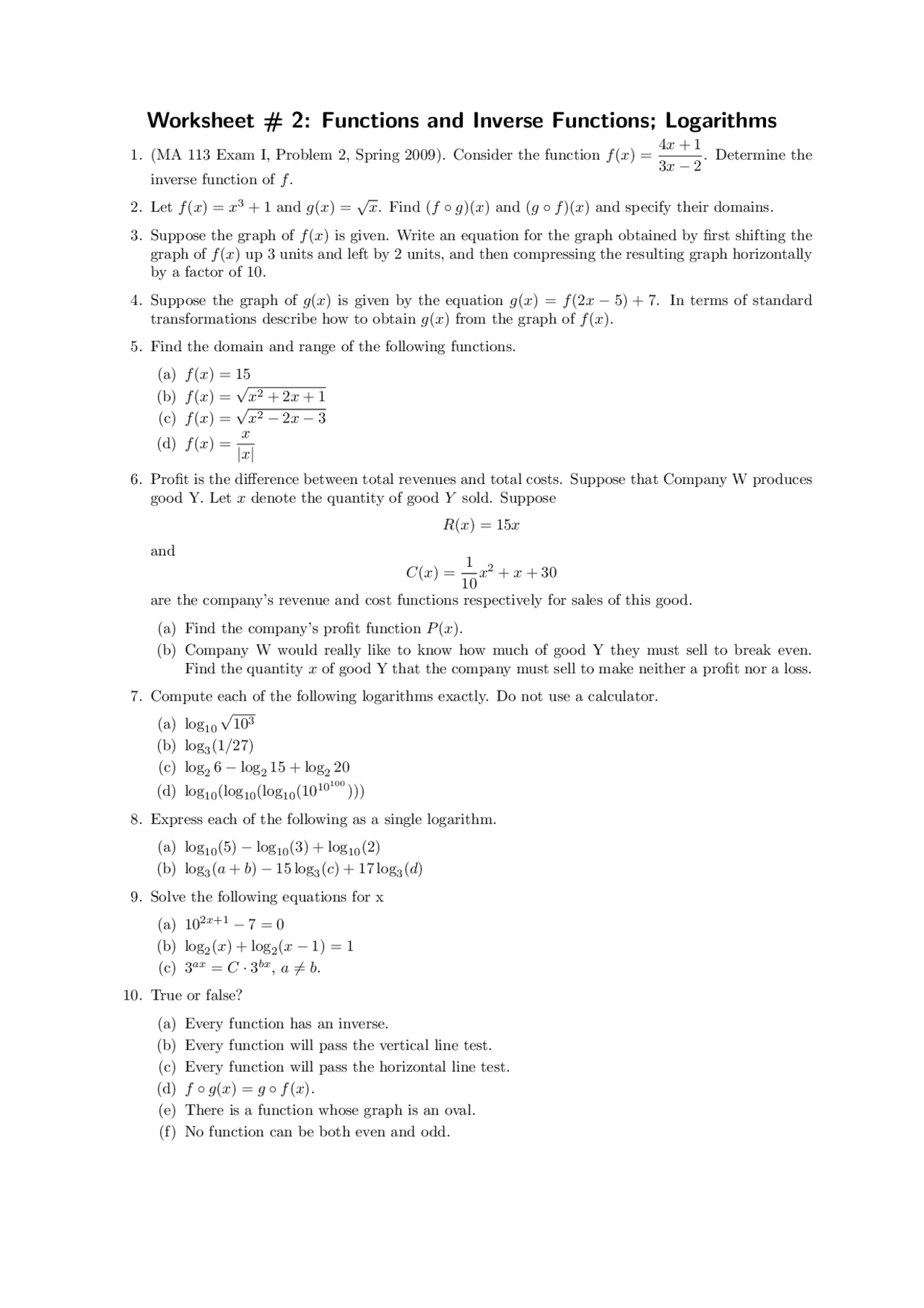 Function And Inverse Function Logarithms Worksheet 2 Ma 113 Docsity