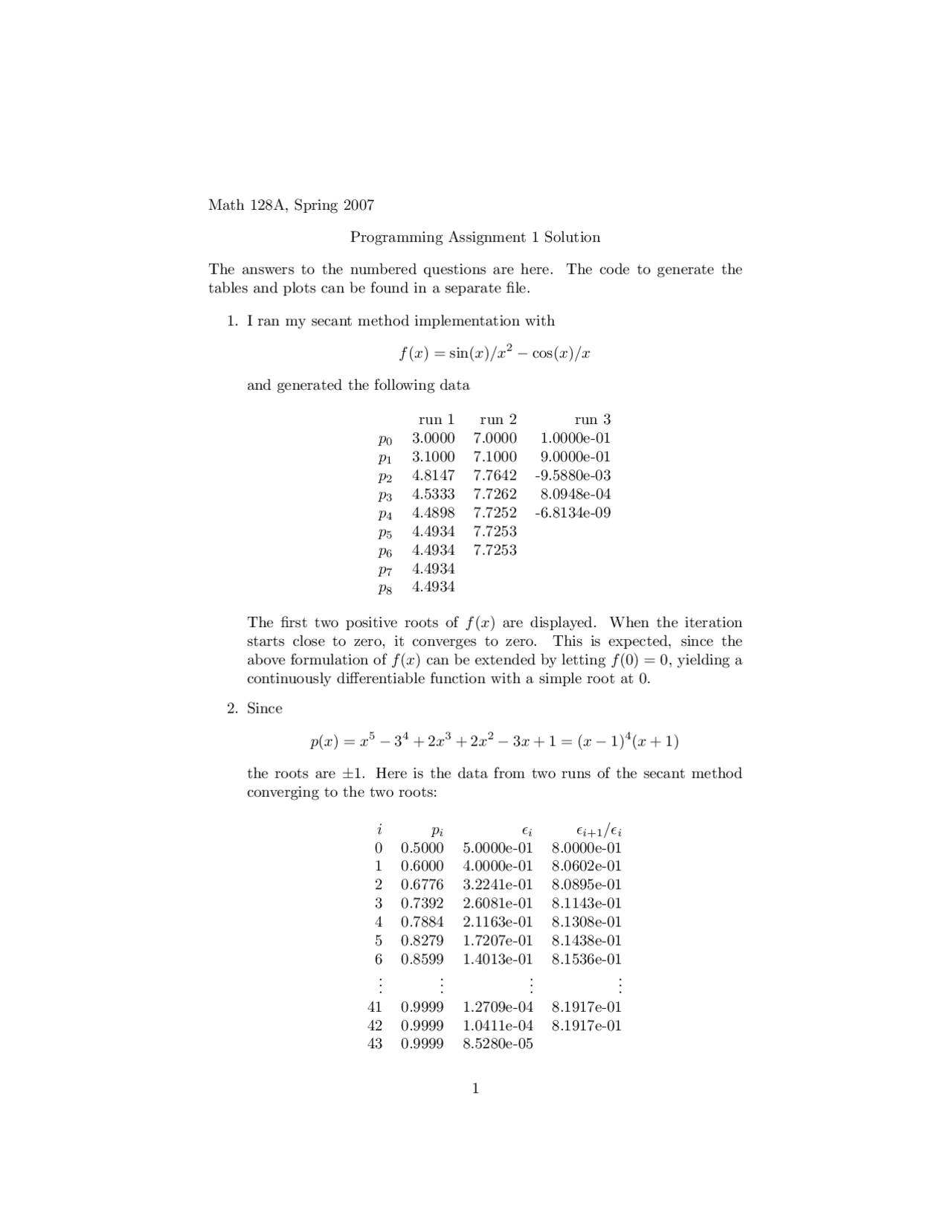 Programing Assignment 1 Solutions Numerical Analysis Math 128a