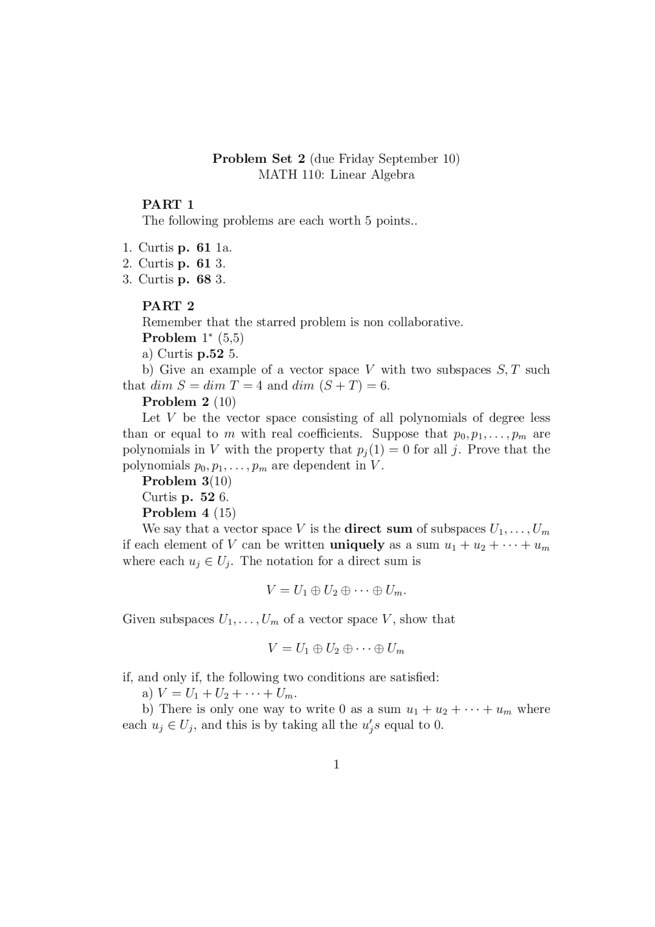 Linear Algebra Problem Set 2 Math 110 Docsity