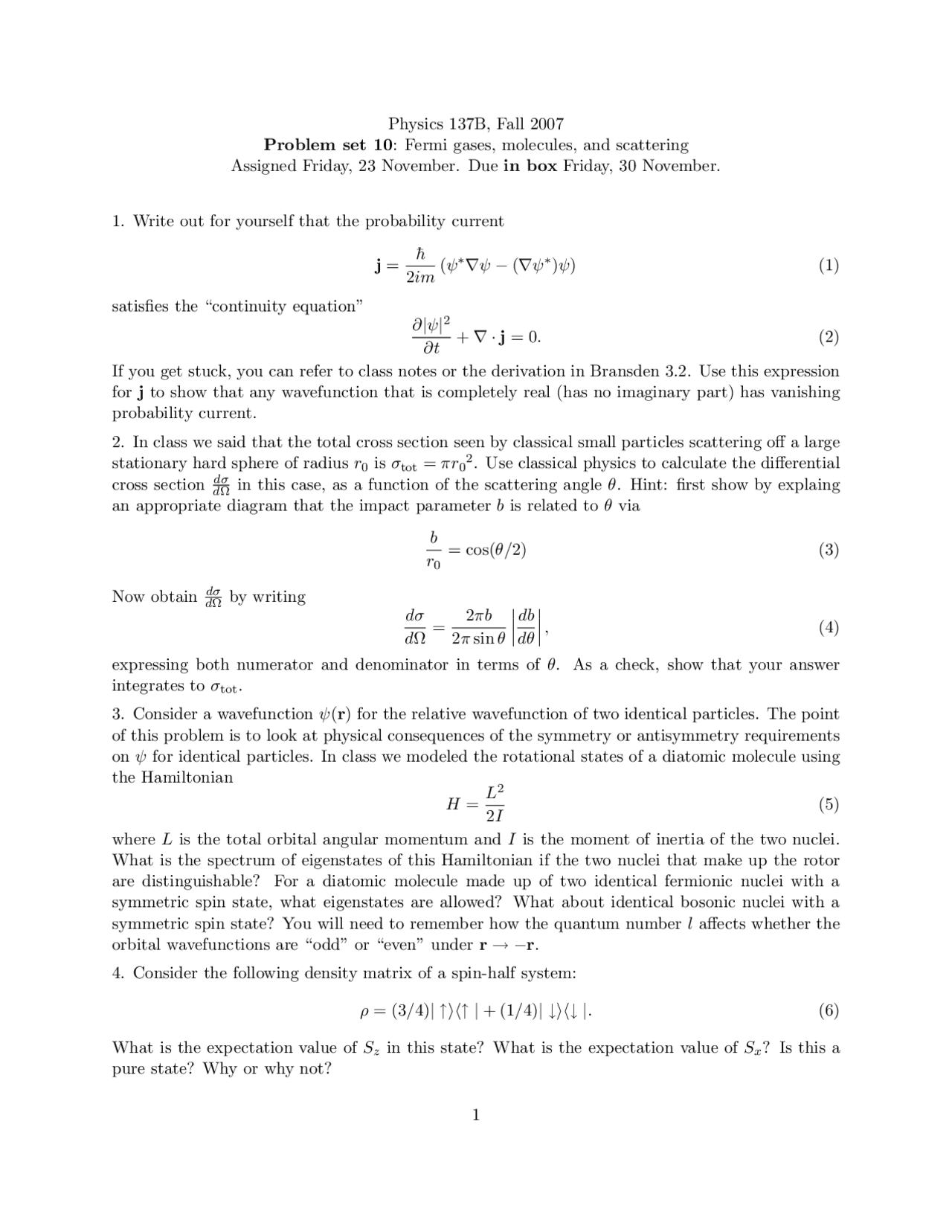5 Problems on Quantum Mechanics - Assignment 10 | PHYSICS 137B - Docsity