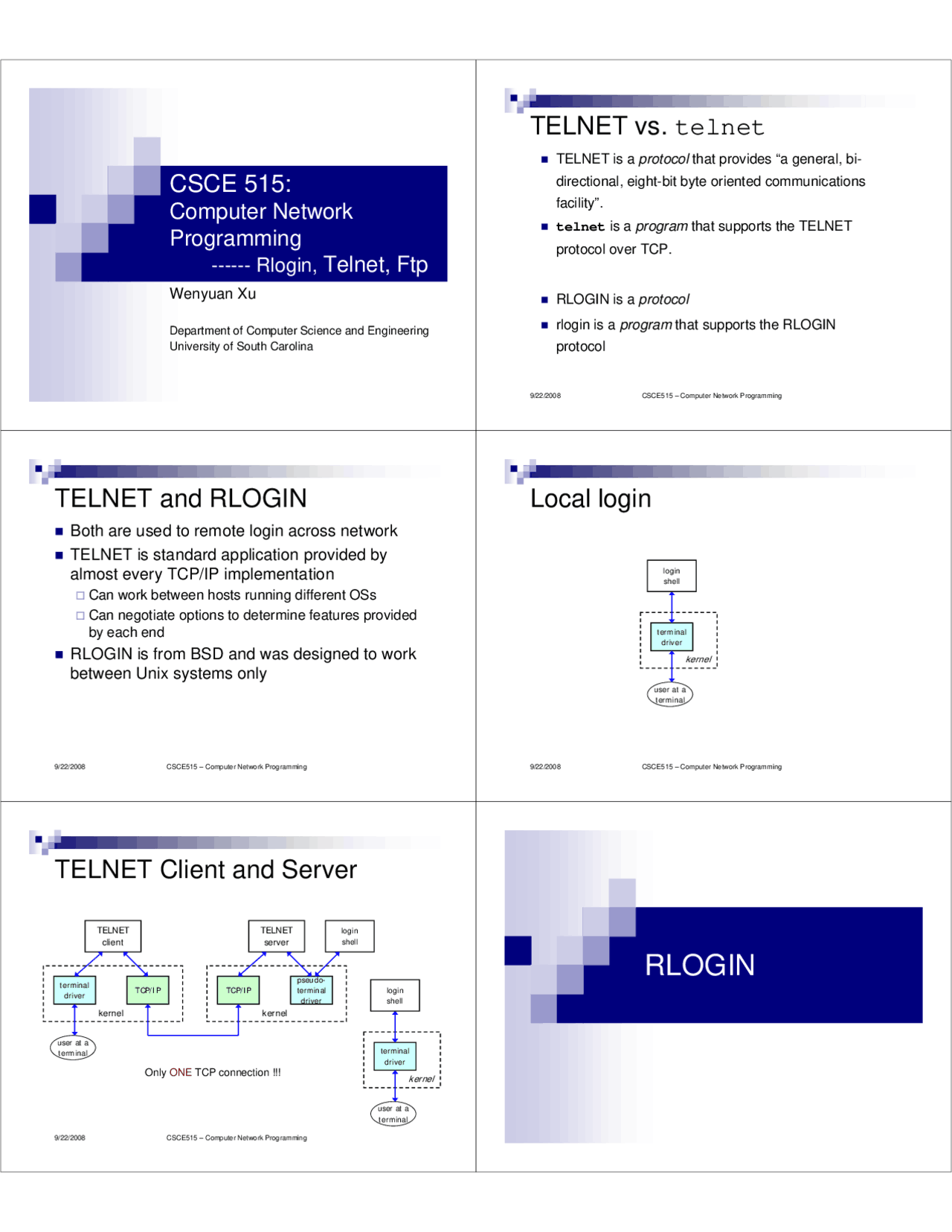 RLOGIN Protocol and TELNET in CSCE 515: Computer Network Programming ...