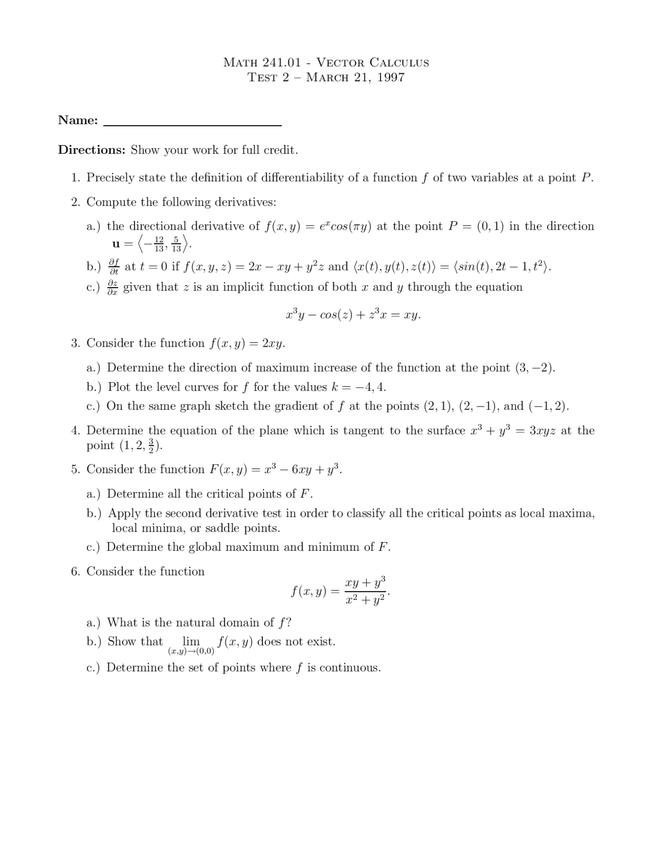Six Questions on Vector Calculus - Old Test 2 - Fall 1997 | MATH 241 ...