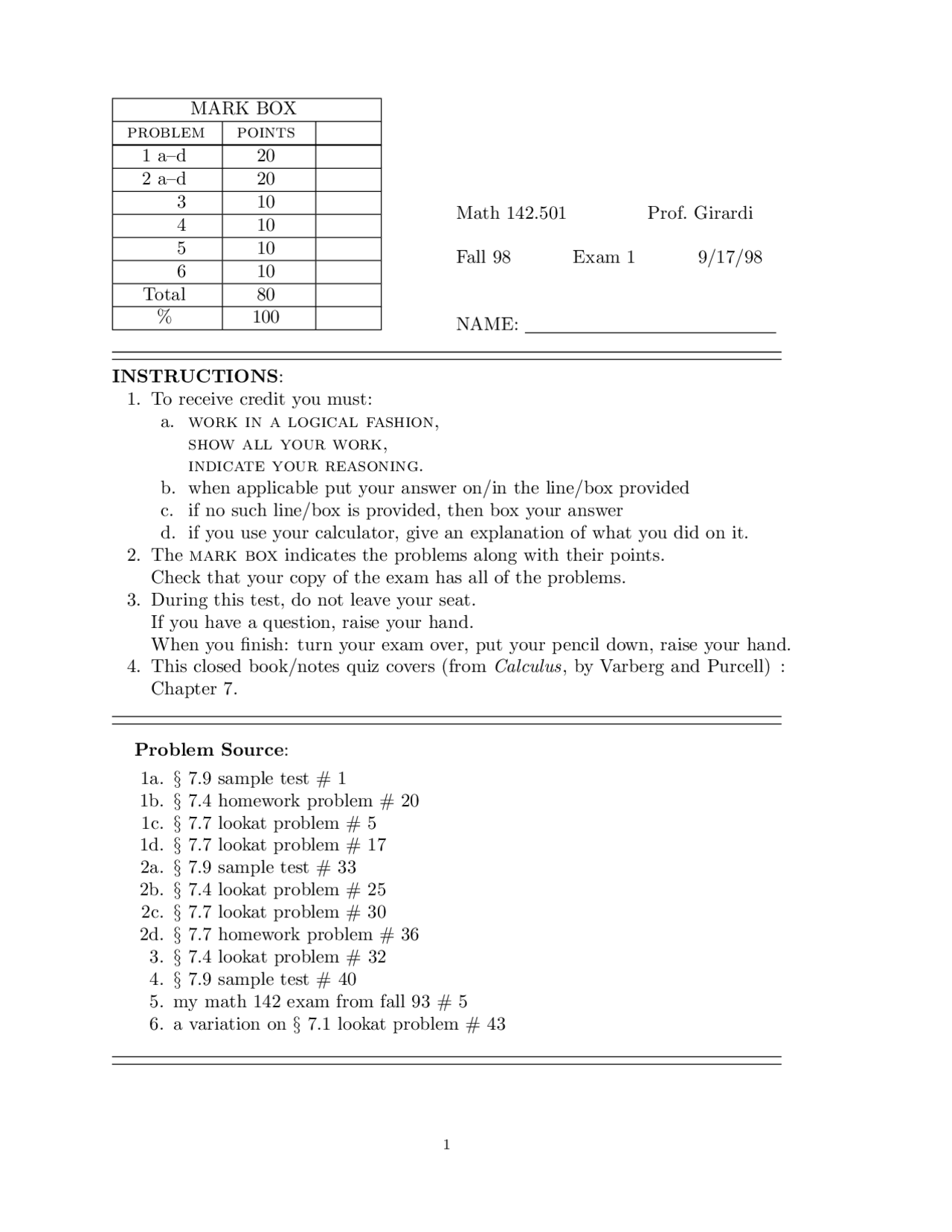 Exam 1 For Calculus Ii Fall 1998 Math 142 Docsity
