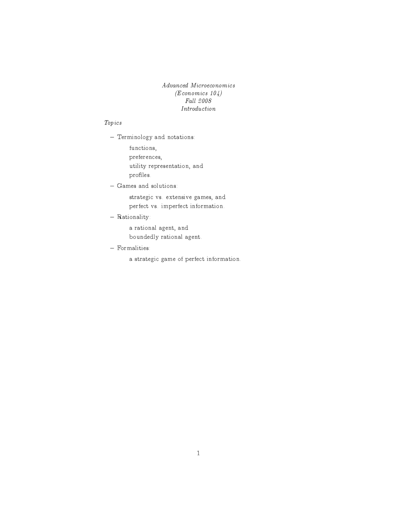 Introduction To Advanced Microeconomic Theory Notes Econ 104